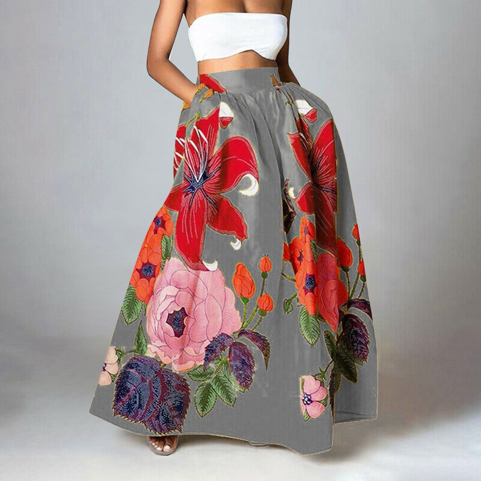 BOOMILK Maxi Skirts for Women Bohemian Trendy Floral Print High Waisted ...