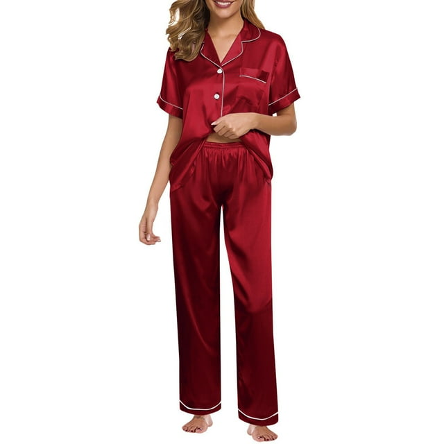 BOOMILK Satin Pajama Sets for Women Summer Short Sleeve Shirt Pants 2 ...