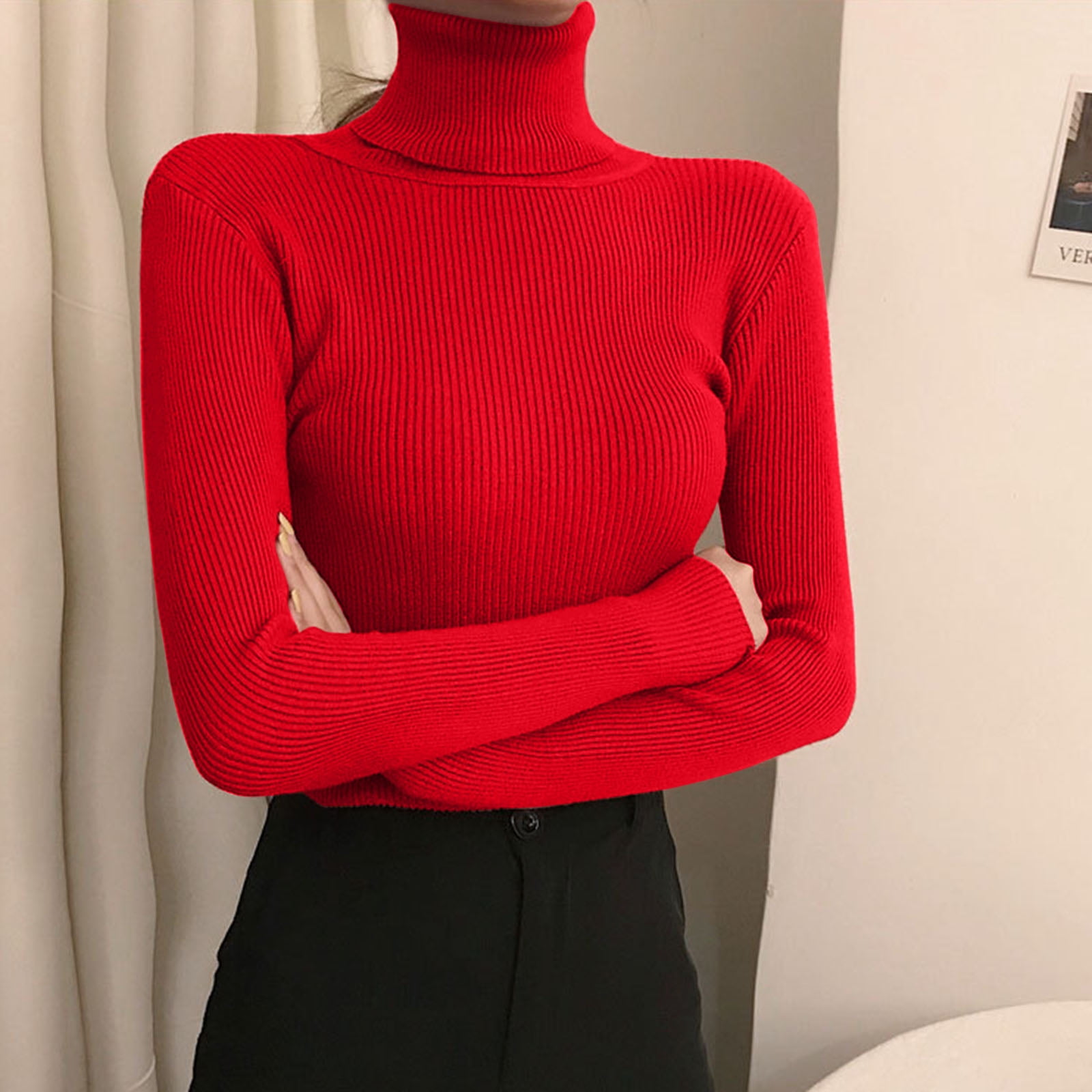 BOOMILK Sweaters for Women Turtleneck Long Sleeve Slim Fit Knit Sweater ...