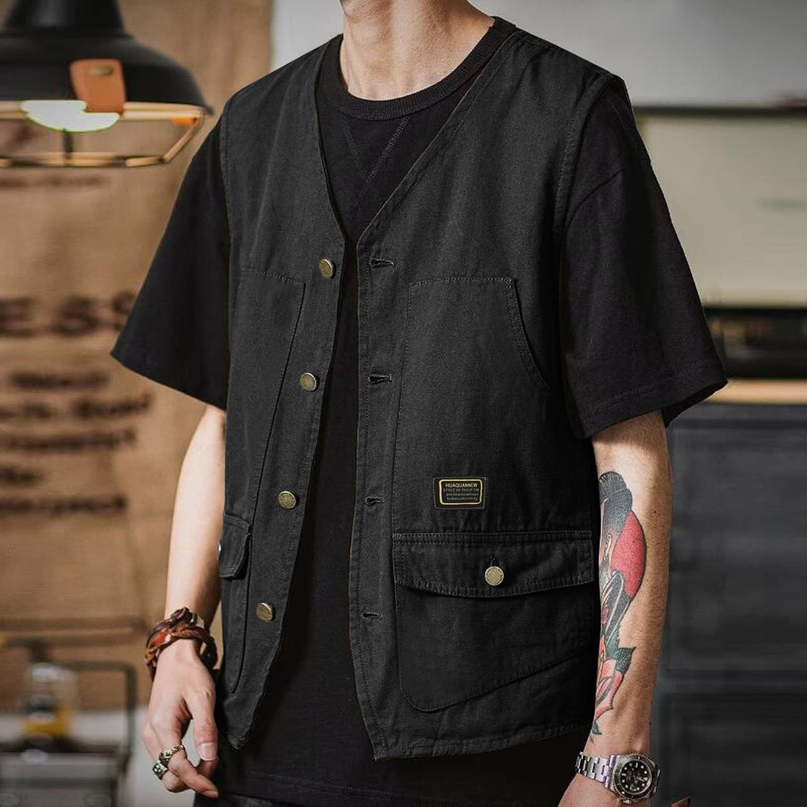 BOOMILK Vest for Men Summer Vintage Solid Color Plus Size Tooling Vests ...