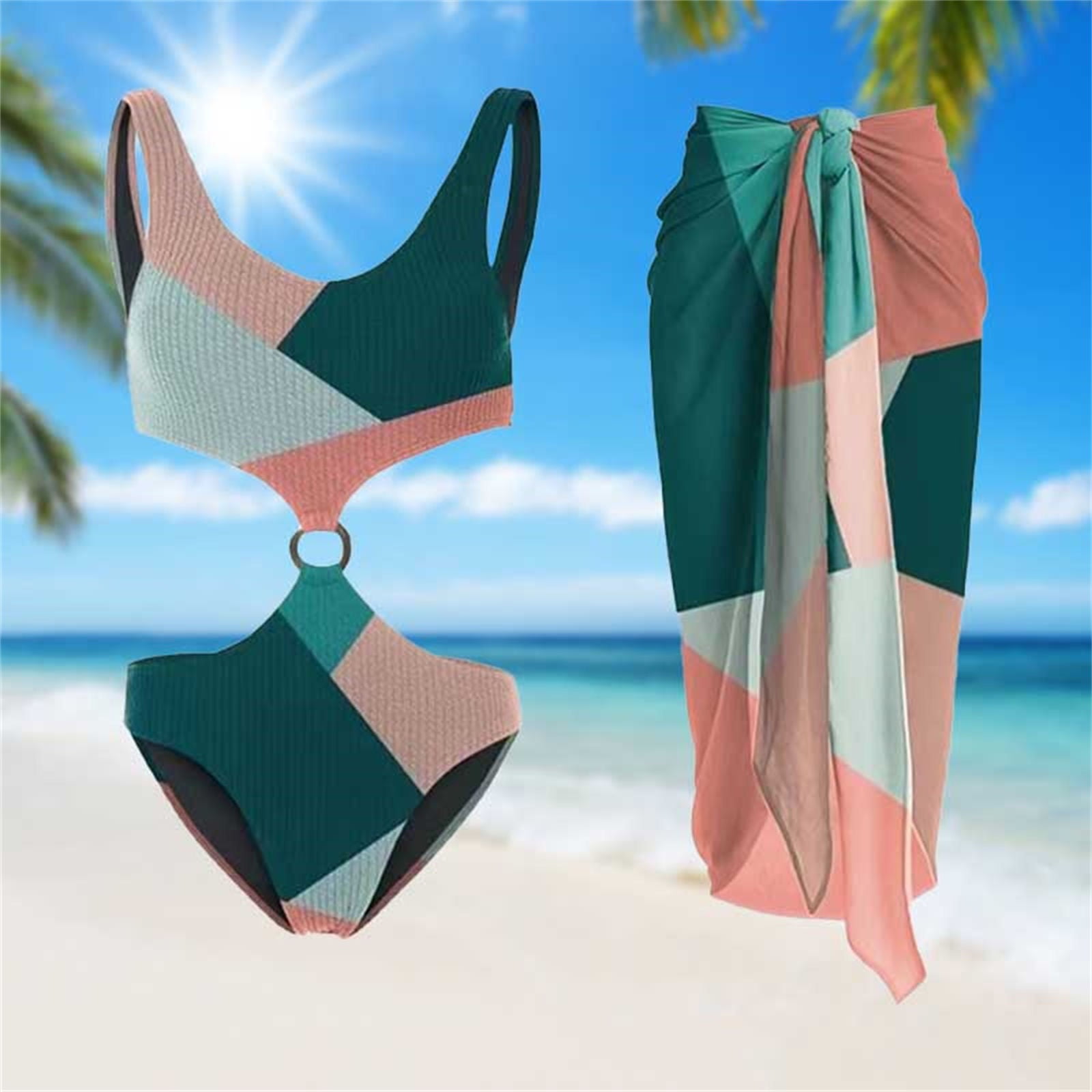 BOOMILK Women One Piece Swimsuit With Beach Cover Up Wrap Skirt Sarong ...