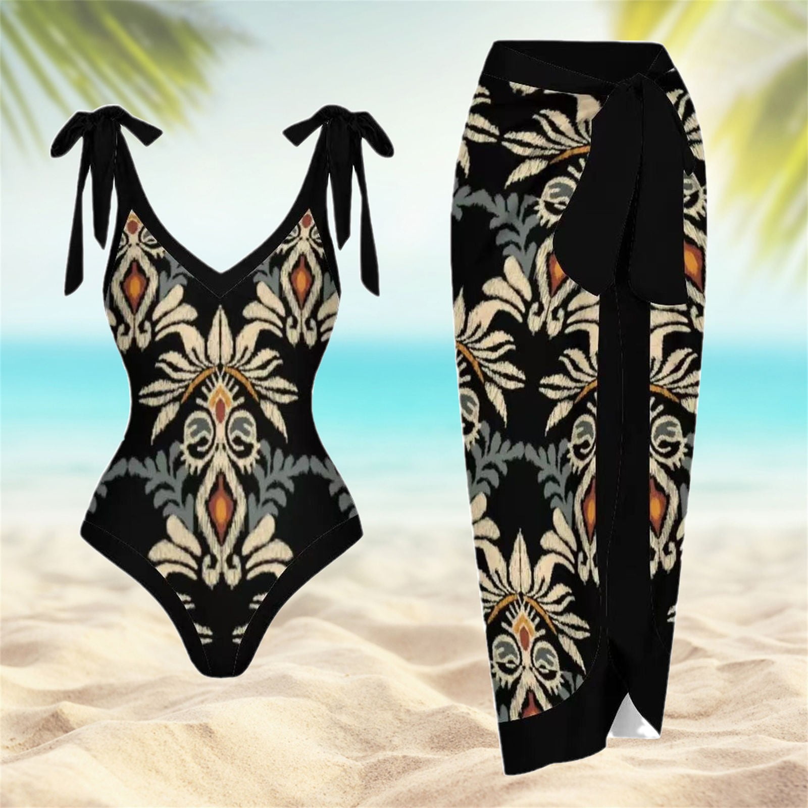 BOOMILK Women One Piece Swimsuit With Beach Cover Up Wrap Skirt Sarong ...