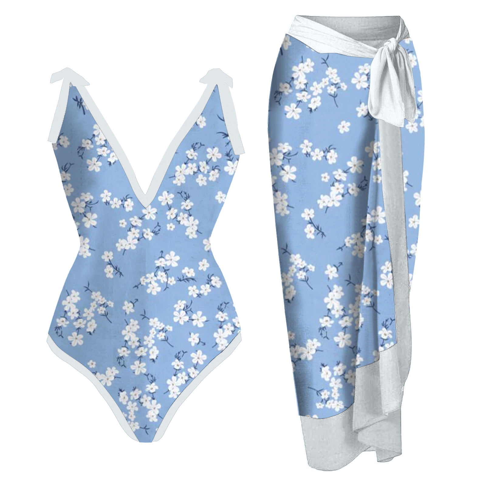 BOOMILK Women One Piece Swimsuit With Beach Cover Up Wrap Skirt Sarong ...