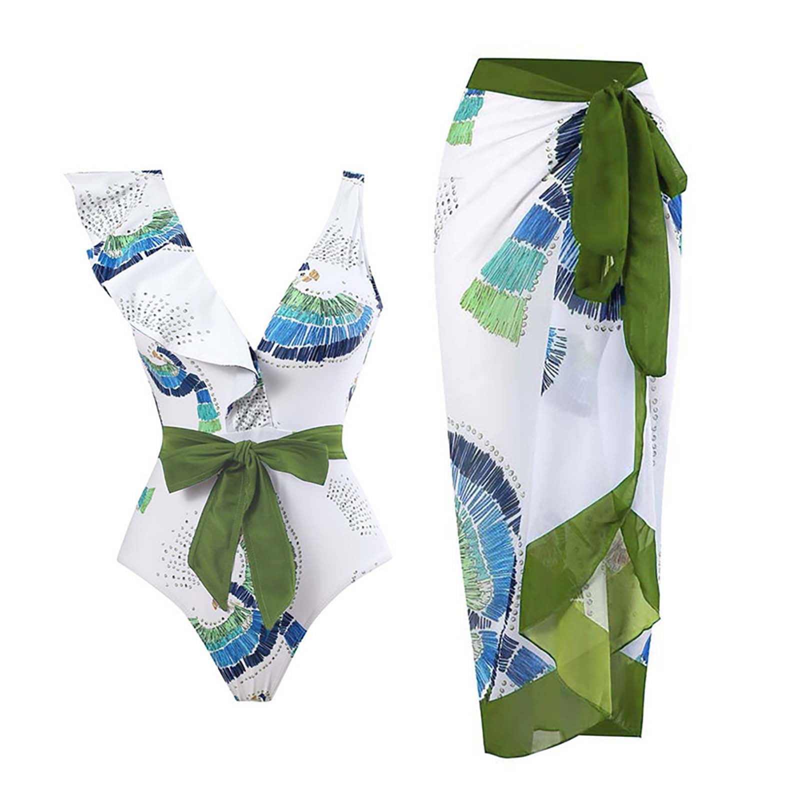 BOOMILK Women One Piece Swimsuit With Beach Cover Up Wrap Skirt Sarong ...