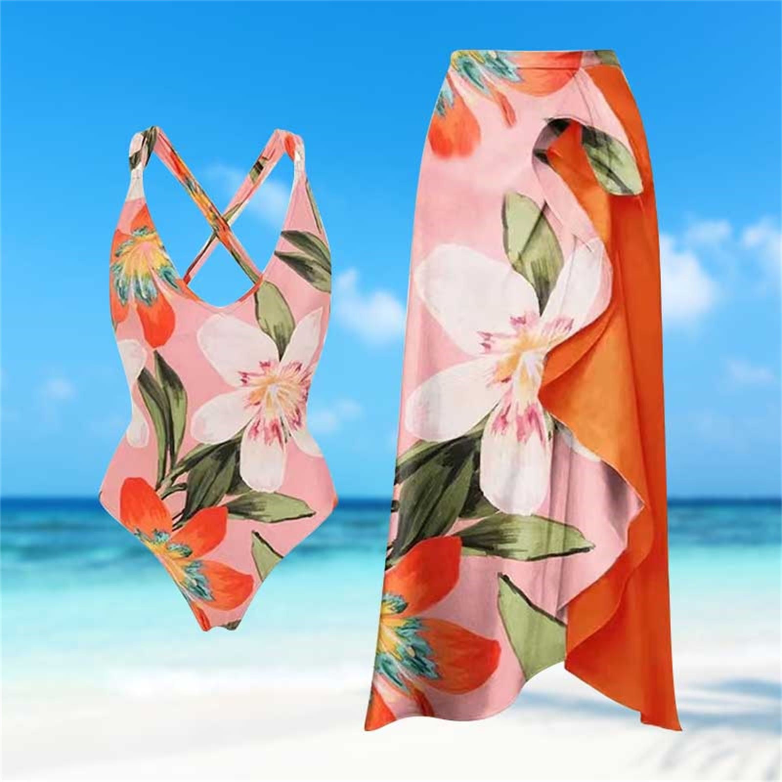BOOMILK Women One Piece Swimsuit With Beach Cover Up Wrap Skirt Sarong ...