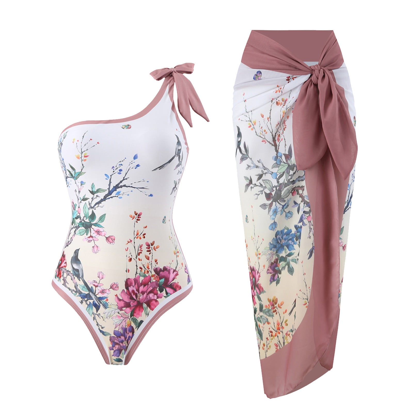 BOOMILK Women One Piece Swimsuit With Beach Cover Up Wrap Skirt Sarong ...