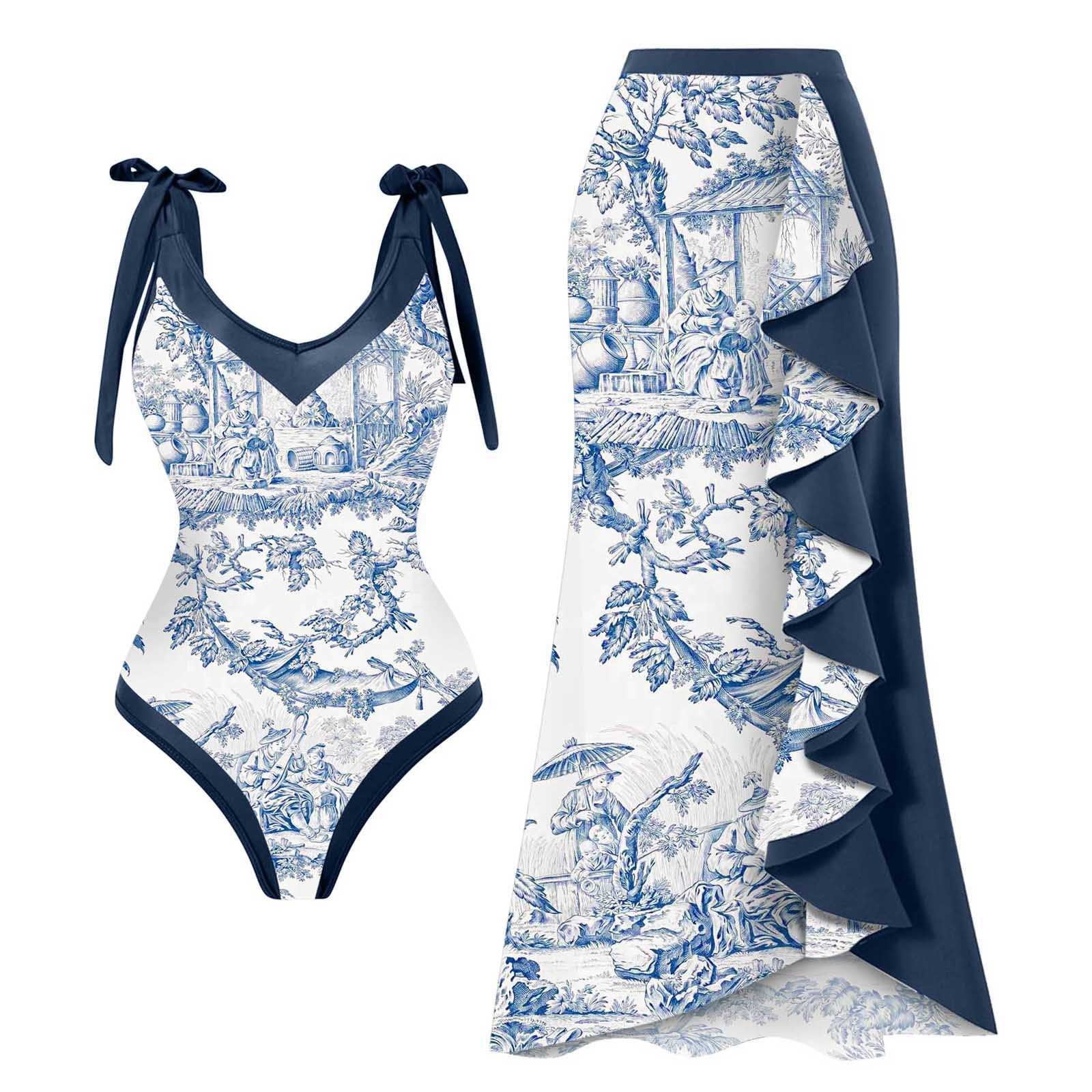 BOOMILK Women One Piece Swimsuit With Beach Cover Up Wrap Skirt Sarong ...