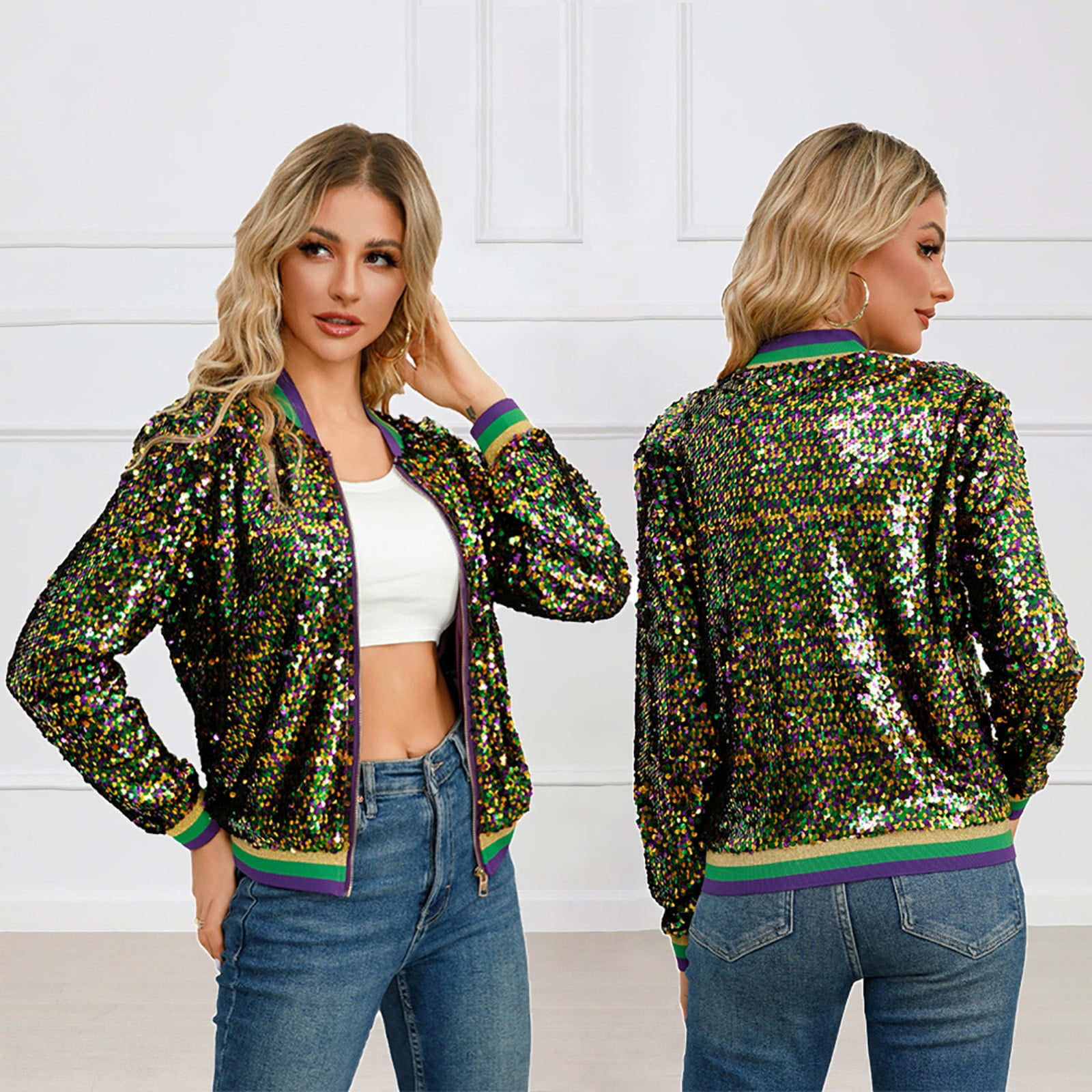 BOOMILK Women Sequin Bomber Jacket Sparkly Long Sleeve Trendy Party ...