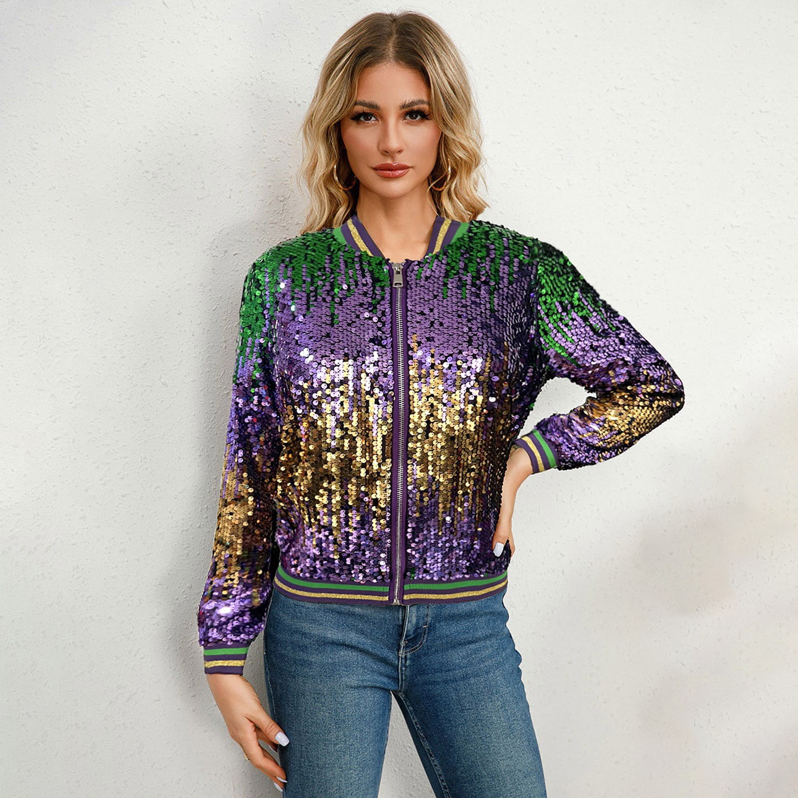 BOOMILK Women Sequin Bomber Jacket Sparkly Long Sleeve Trendy Party ...