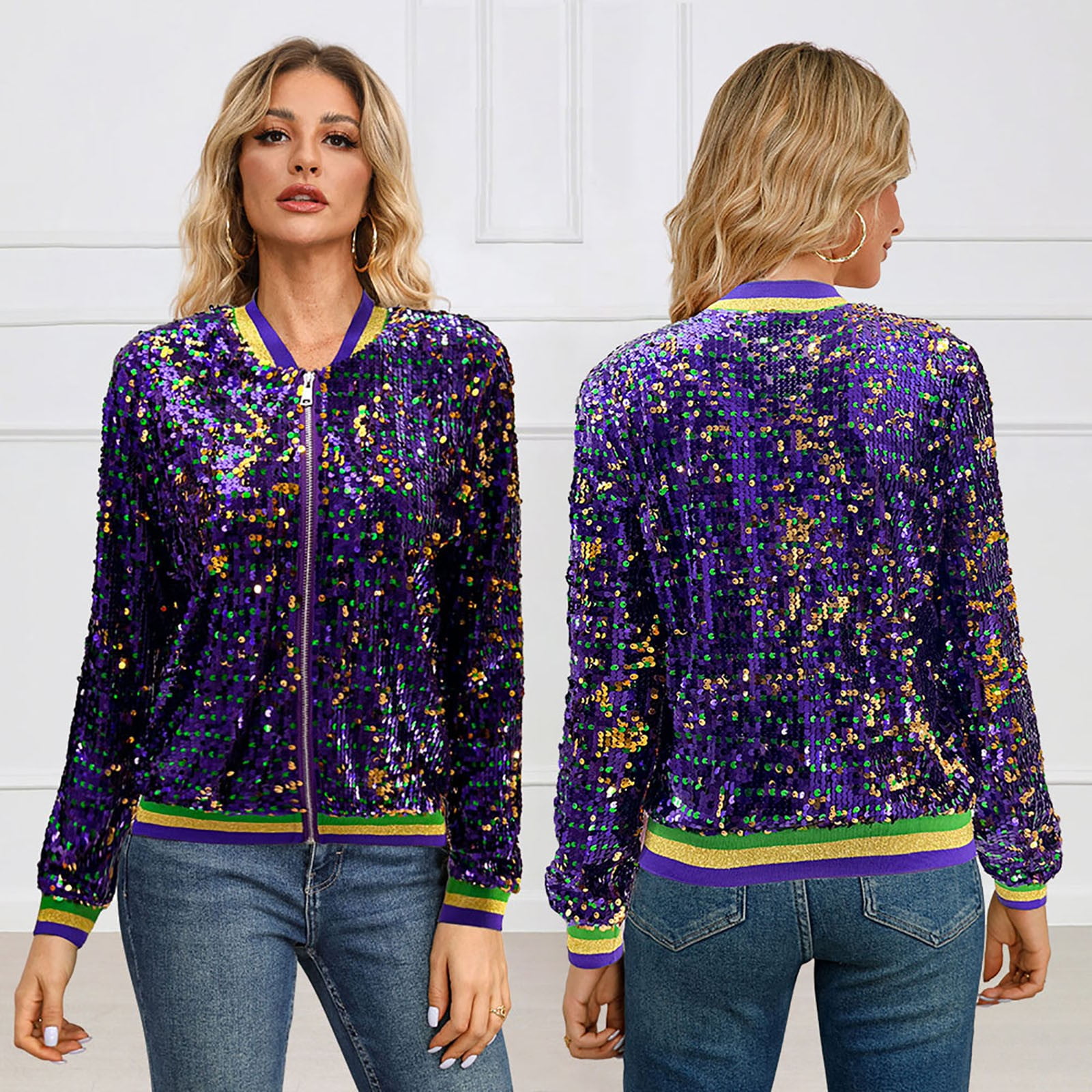 BOOMILK Women Sequin Bomber Jacket Sparkly Long Sleeve Trendy Party ...