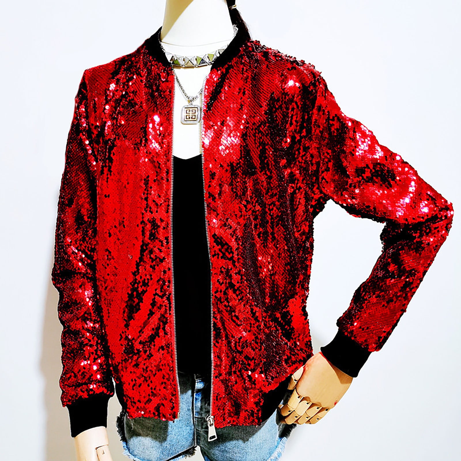 BOOMILK Women Shiny Sequin Varsity Jacket Long Sleeve Zip up Party ...