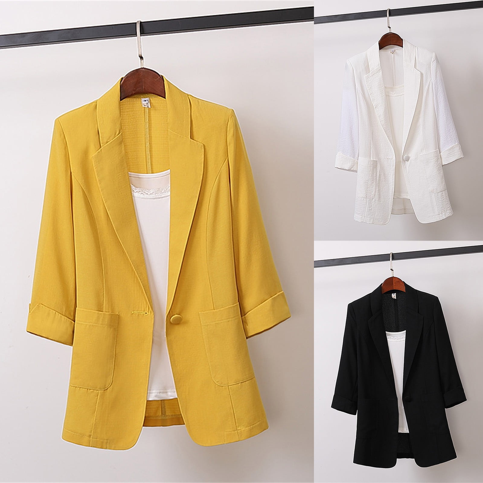 BOOMILK Womens Linen Blazers 3/4 Sleeve Lightweight Suit Jacket Plus ...