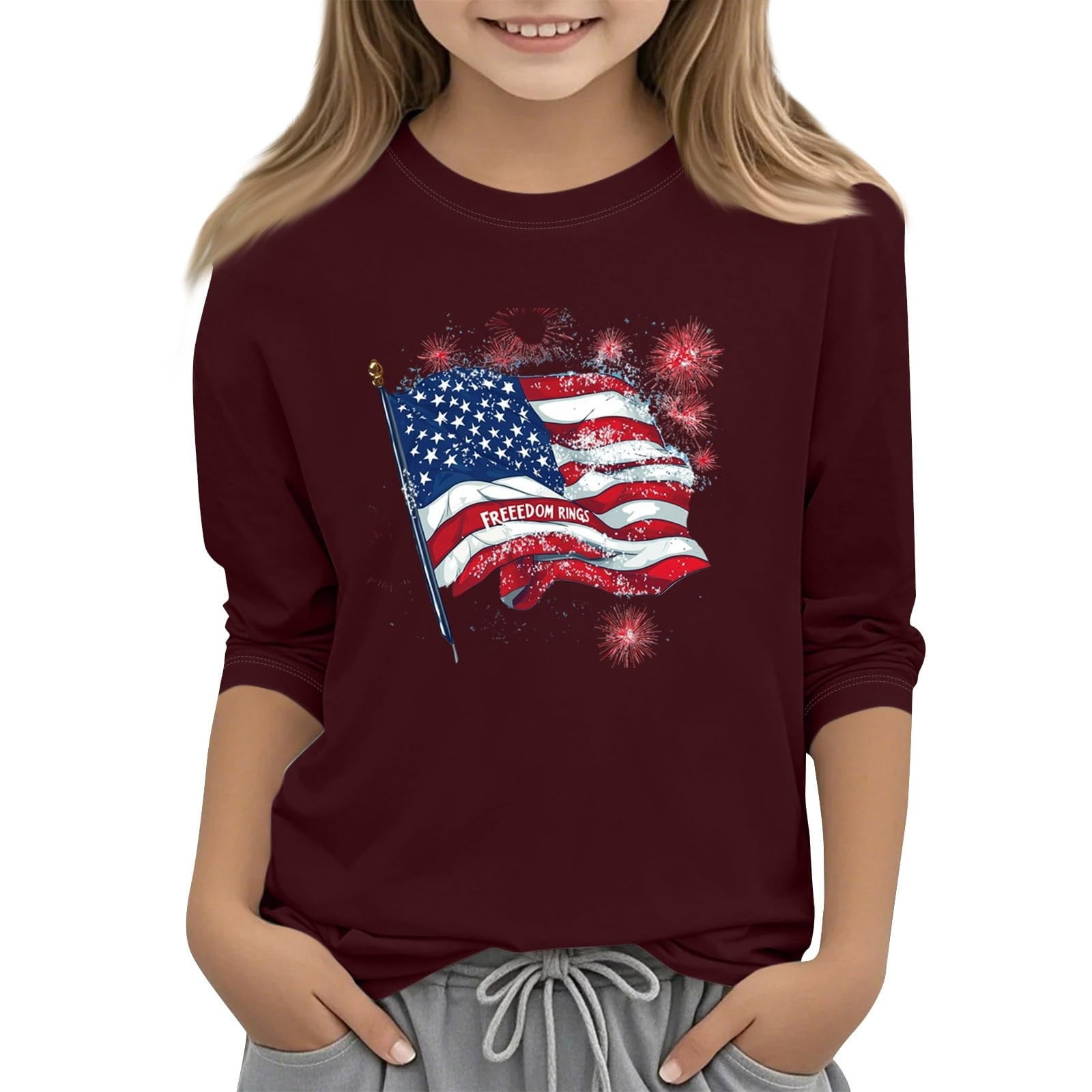 BOOMNY Baby Girls Tshirts 3/4 Sleeve Patriotic 4Th Of July Usa Flag ...