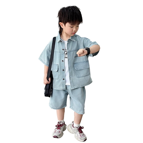 BOOMNY Boys Denim Outfits Set Solid Color Short Sleeve Denim Tshirts ...
