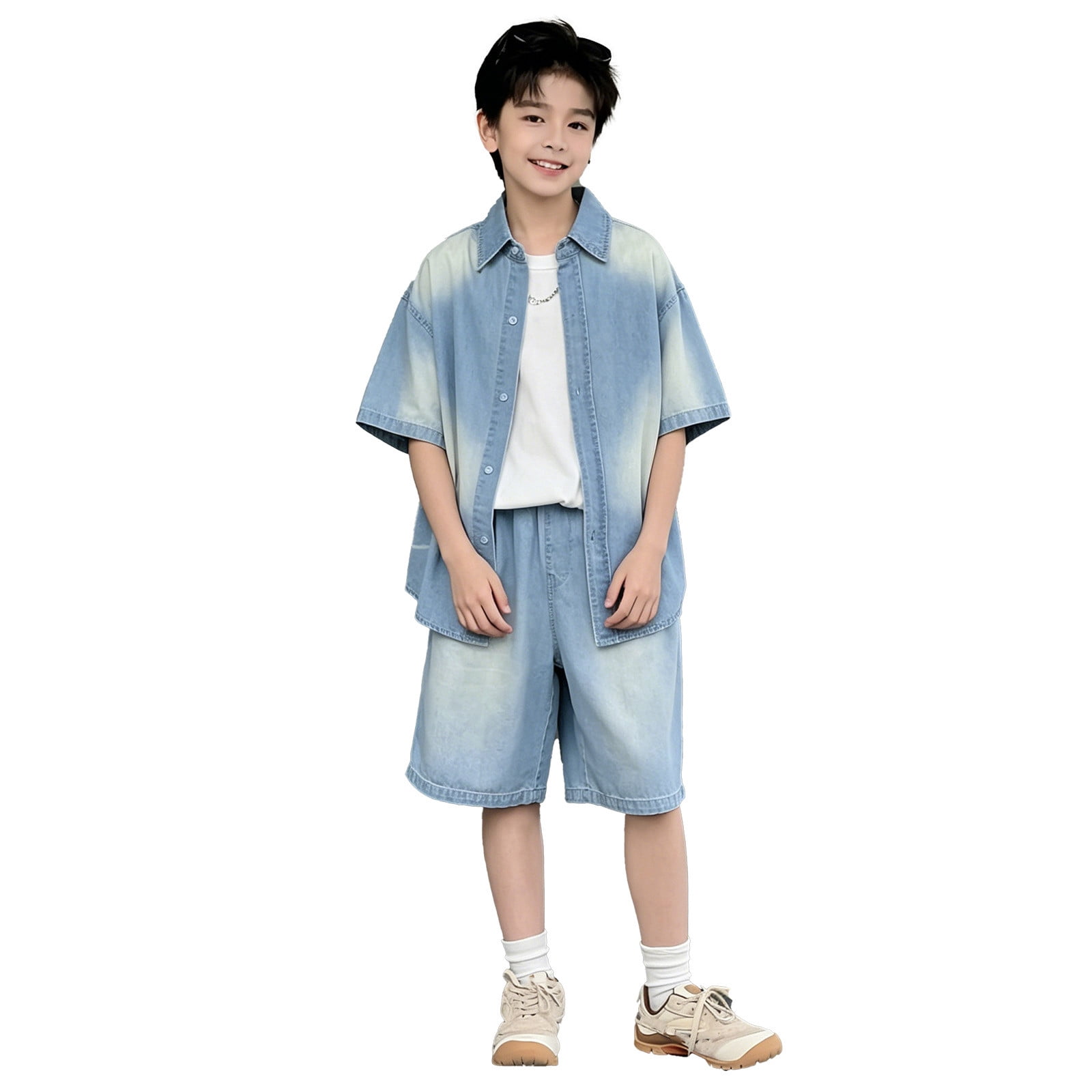 BOOMNY Boys Outfits Set Solid Color Short Sleeve Denim Tshirts Short ...