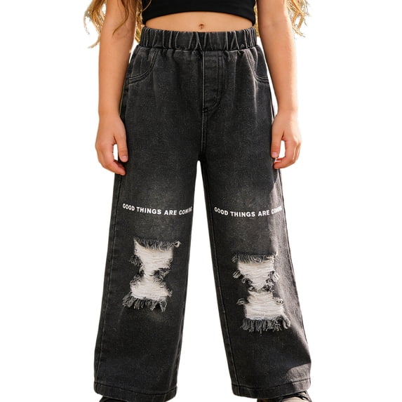 BOOMNY Girl'S Ripped Baggy Jeans Wide Leg Jeans for Girl Trendy Graphic ...