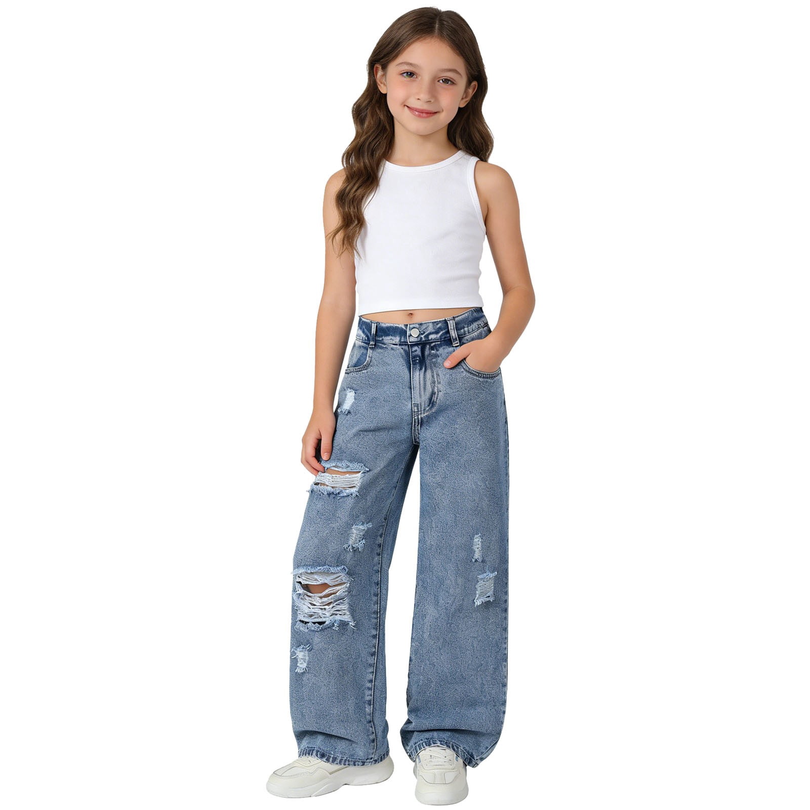 BOOMNY Girl'S Ripped Baggy Jeans Wide Leg Jeans for Girl Trendy Solid ...