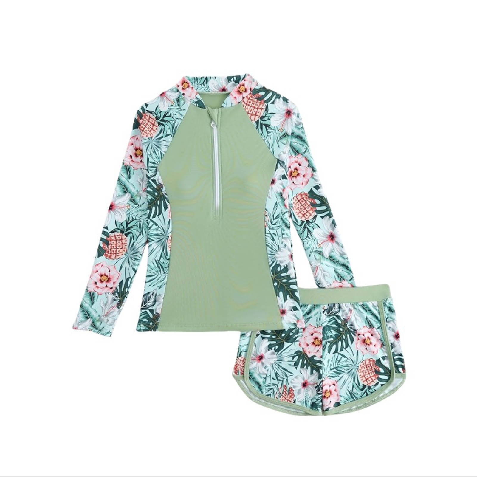 BOOMNY Girl's Swimsuit Long Sleeve Casual Patchwork Floral Printed 2 ...
