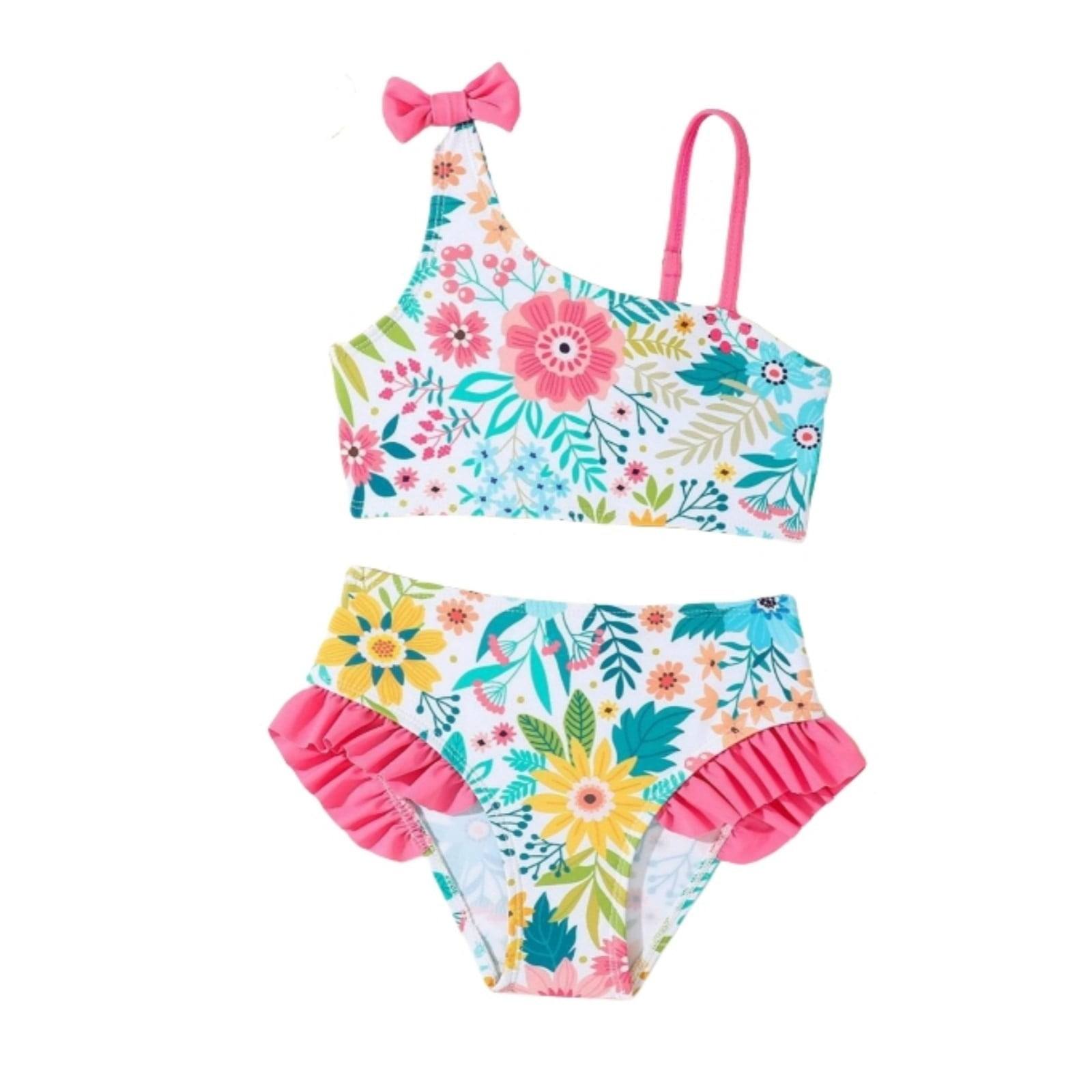 BOOMNY Girl's Swimsuit One Shoulder Casual Hawaiian Floral Printed 2 ...