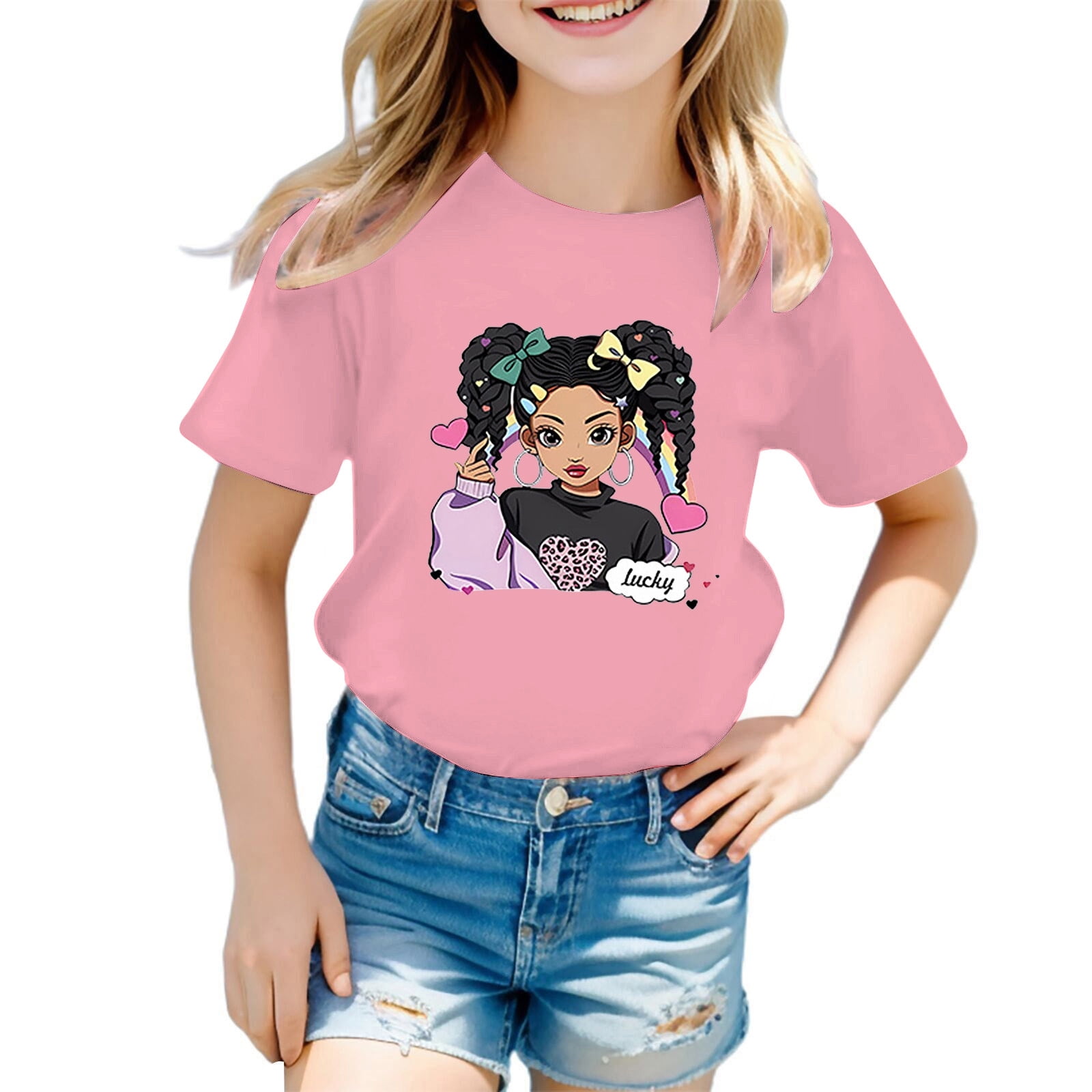 BOOMNY Girl's T Shirts Kid Cute Sweet Graphic Printed Round Neck Short ...