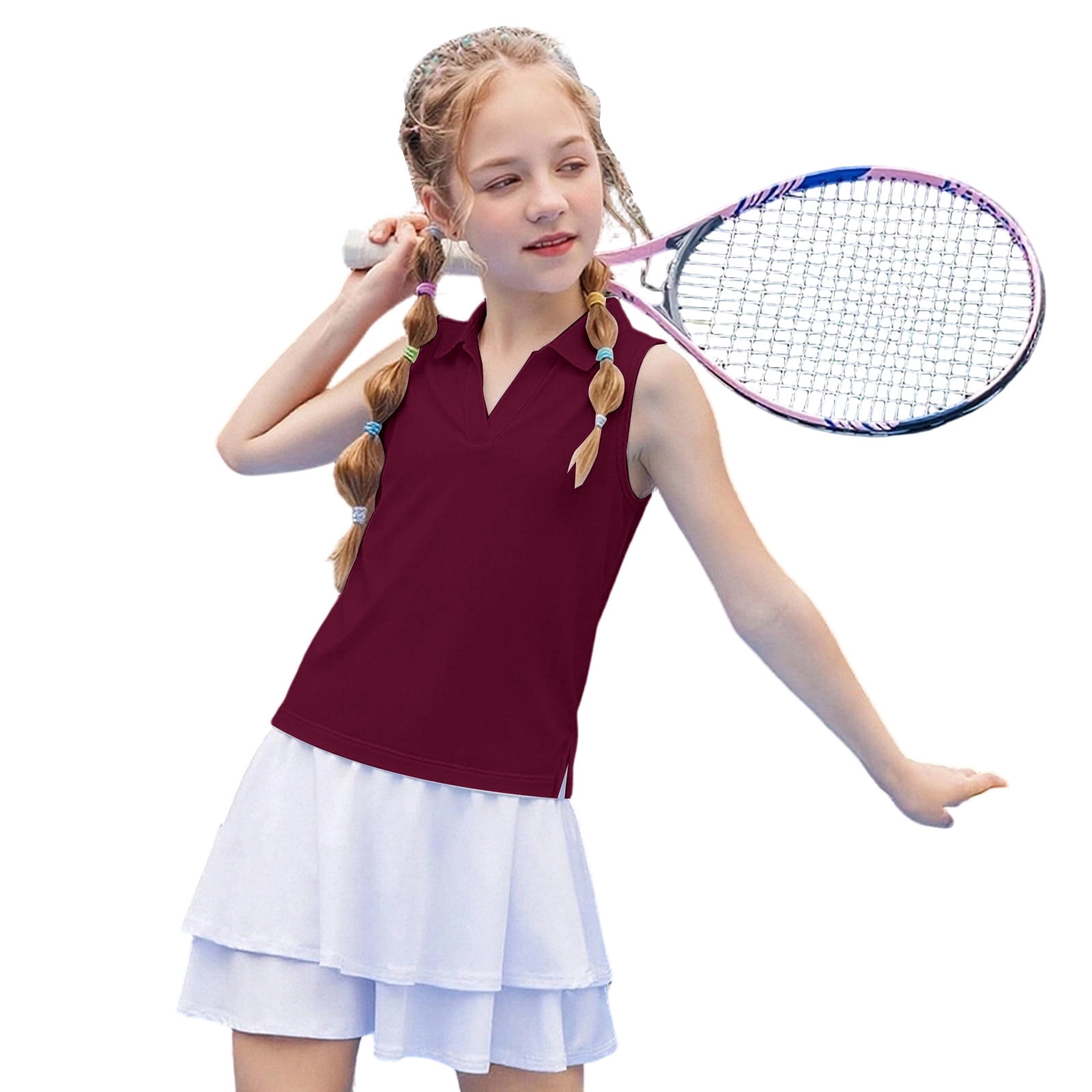 BOOMNY Girls School Uniform Sleeveless Tennis T-Shirts Lapel Solid ...