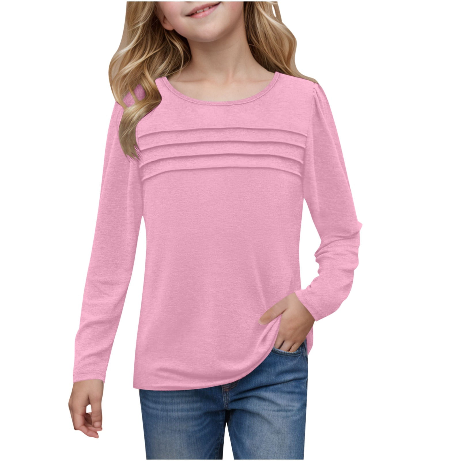 BOOMNY Girls T-Shirt Long Sleeve T-Shirts for Girls Solid Color Pleated ...