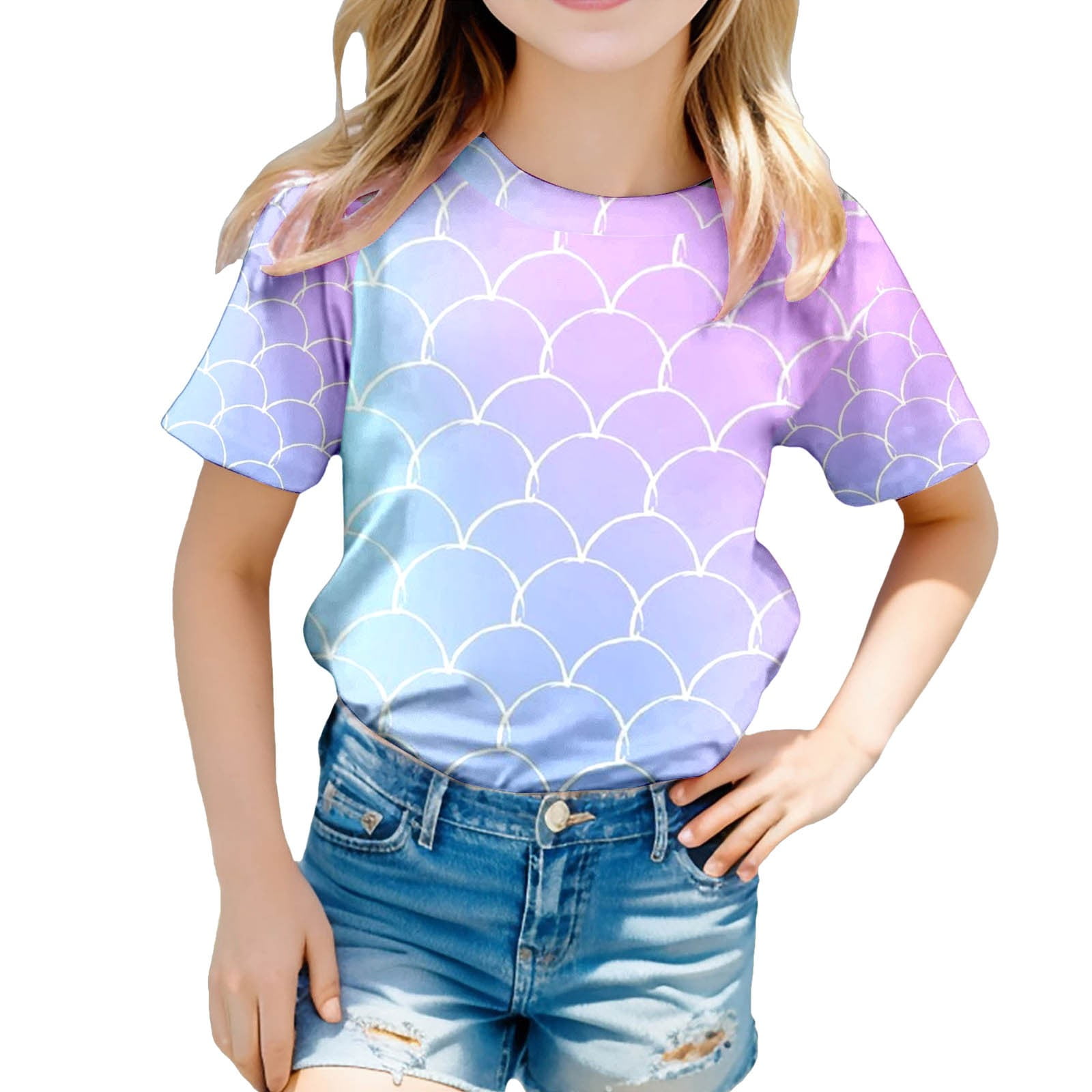 BOOMNY Girls T Shirts Casual Colorful Fish Scale Printed Short Sleeve ...