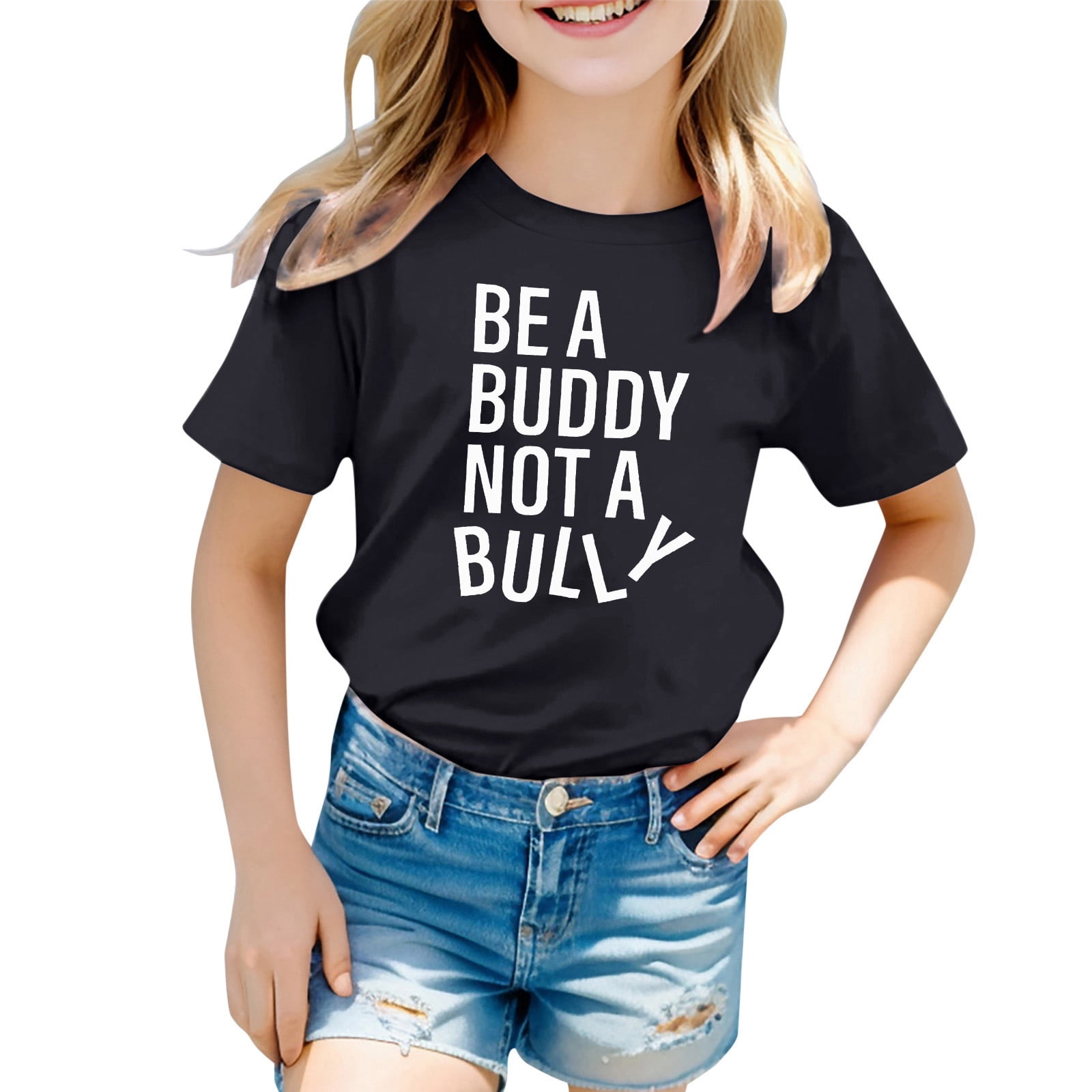 BOOMNY Girls T Shirts Say No To Bully Letter Printed Short Sleeve Crew ...