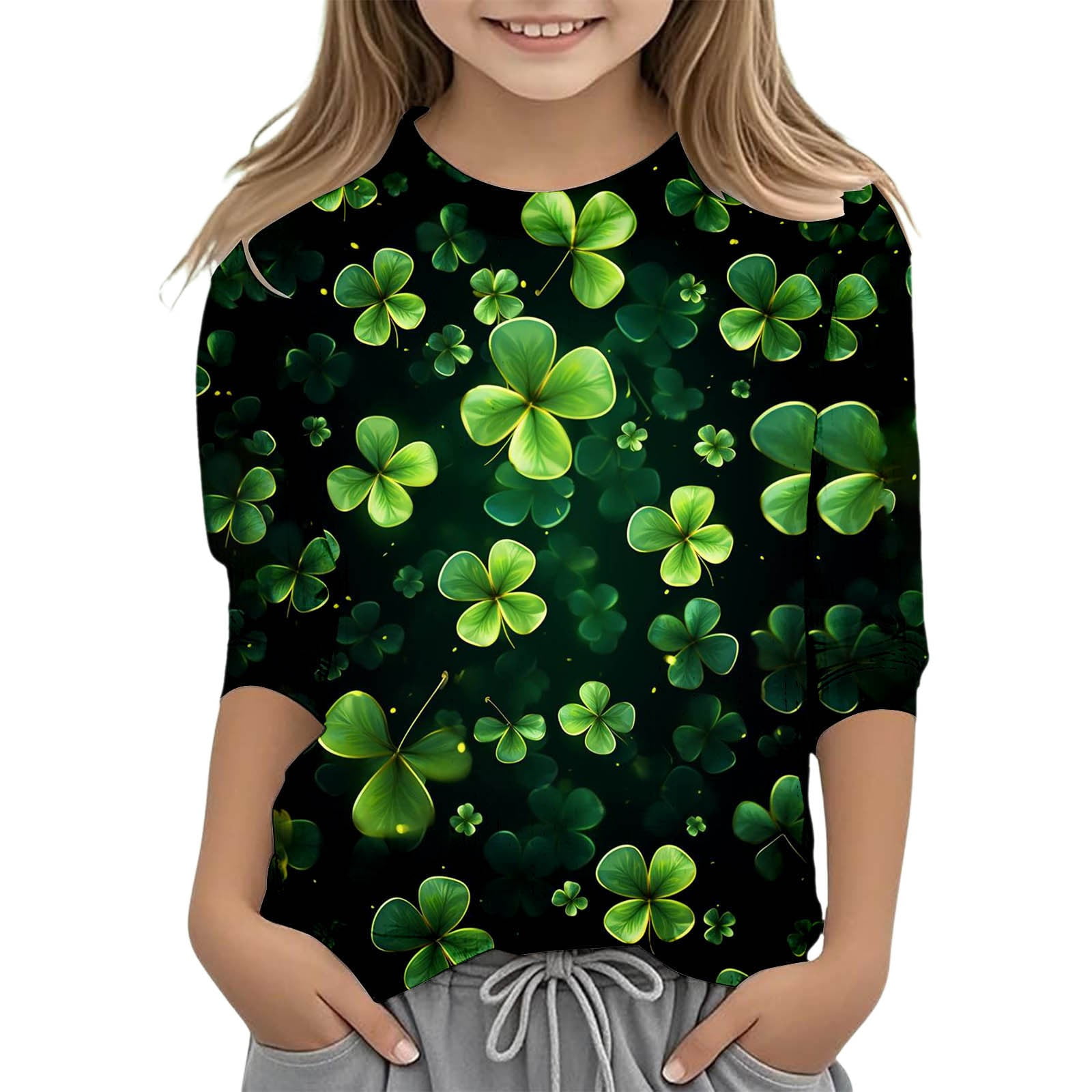 BOOMNY Girls Tee Shirts Fashion Happy St. Patrick's Day Four-Leaf ...