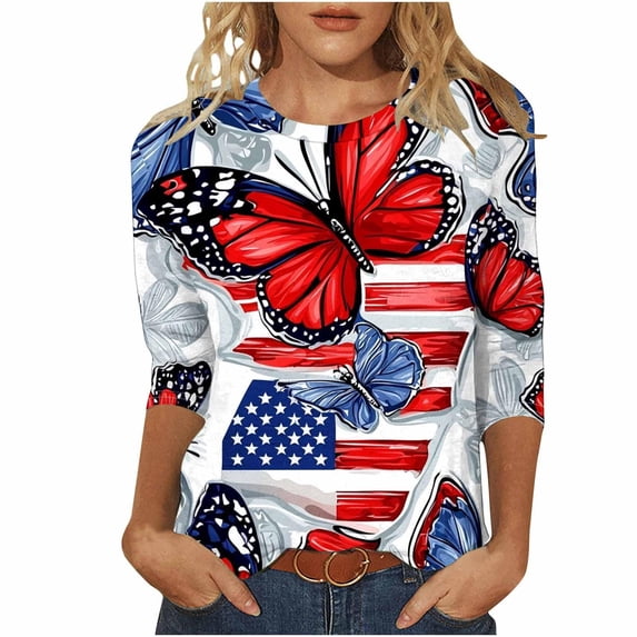 BOOMNY Independence Day Women's 3/4 Sleeve T Shirts Patriotic Usa Flag ...