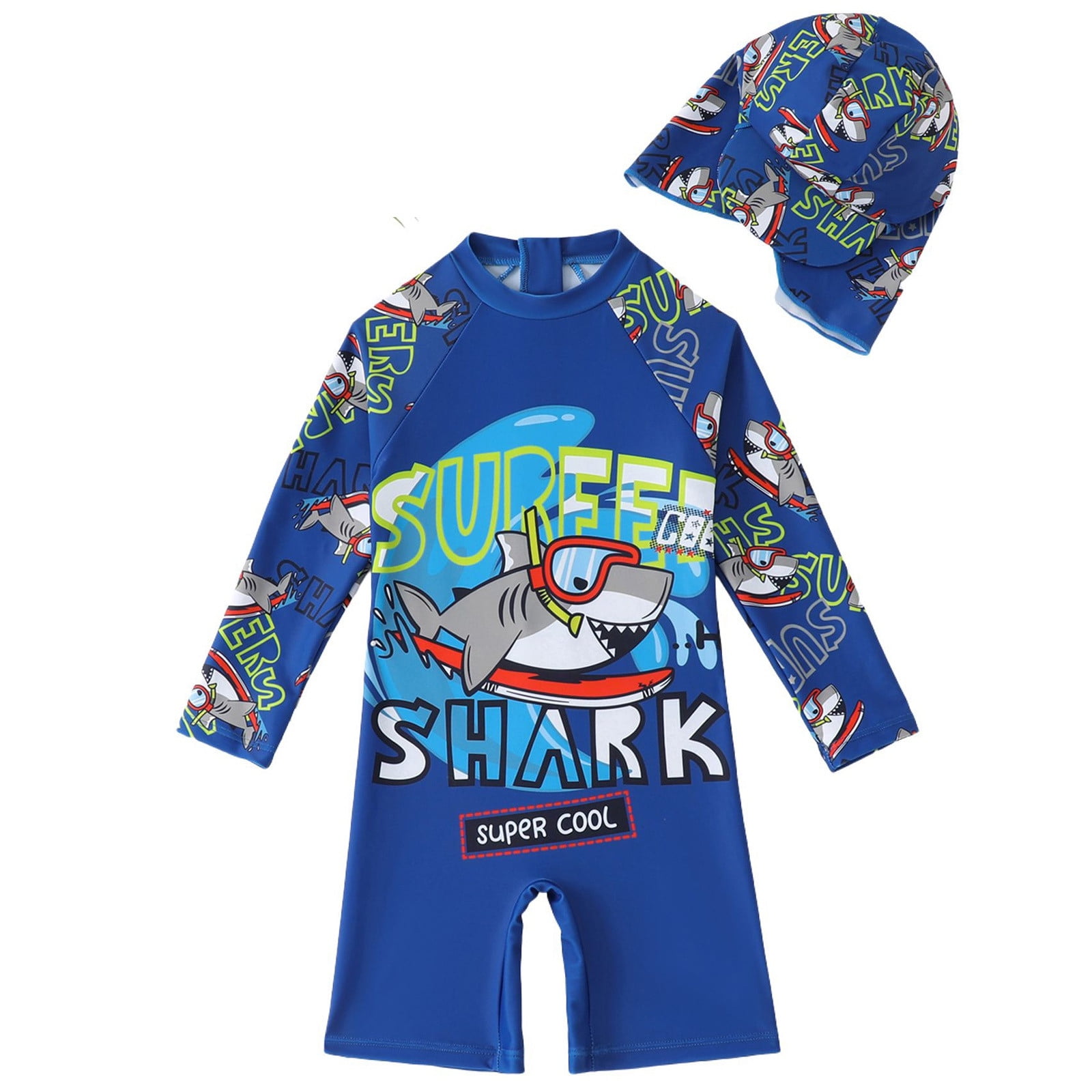 BOOMNY Kids Boys Swimsuit Long Sleeve Cute Cartoon Shark Printed 2 ...