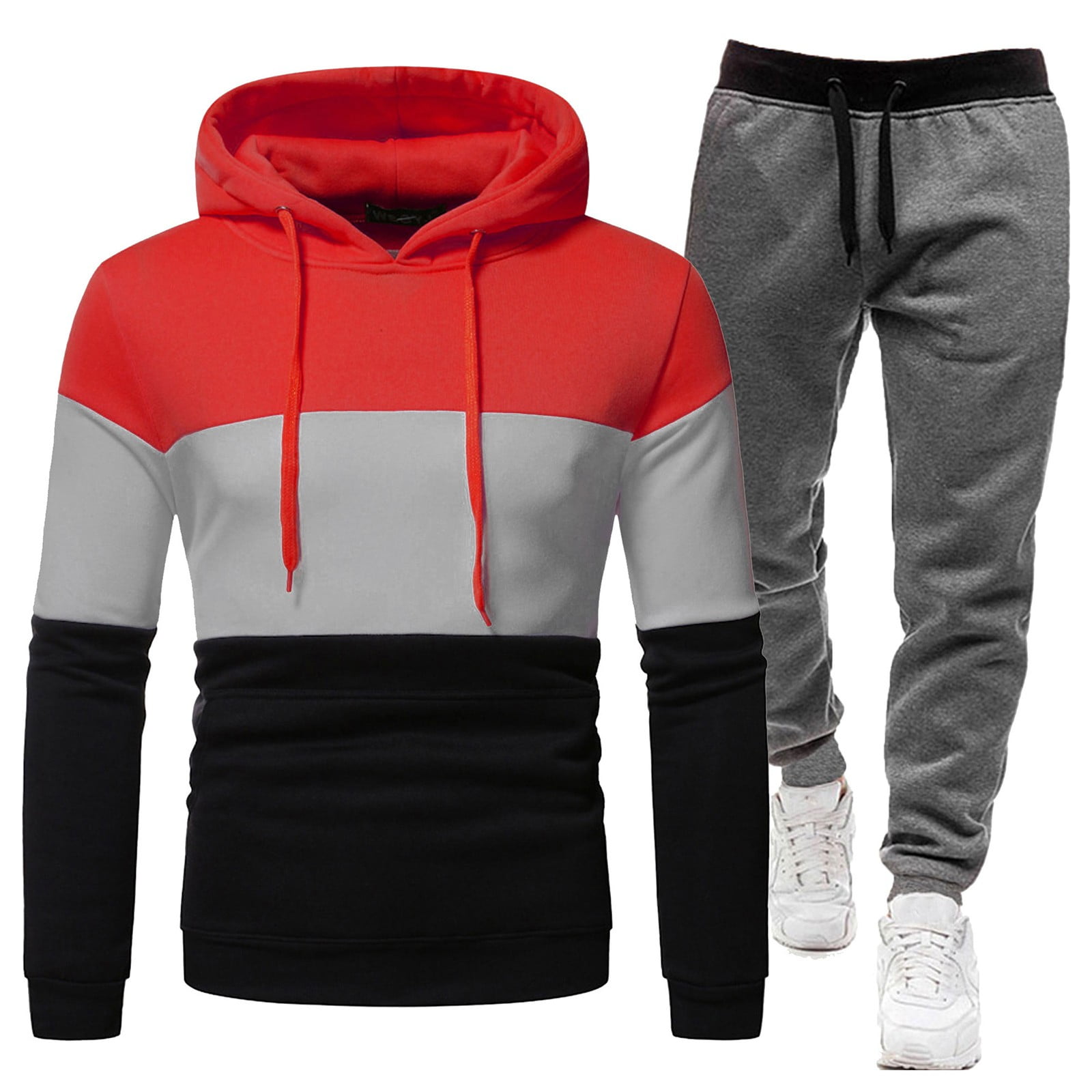 BOOMNY Men Sweatsuits Set Patchwork Color Hoodies Sweatpants 2Pcs Gym ...