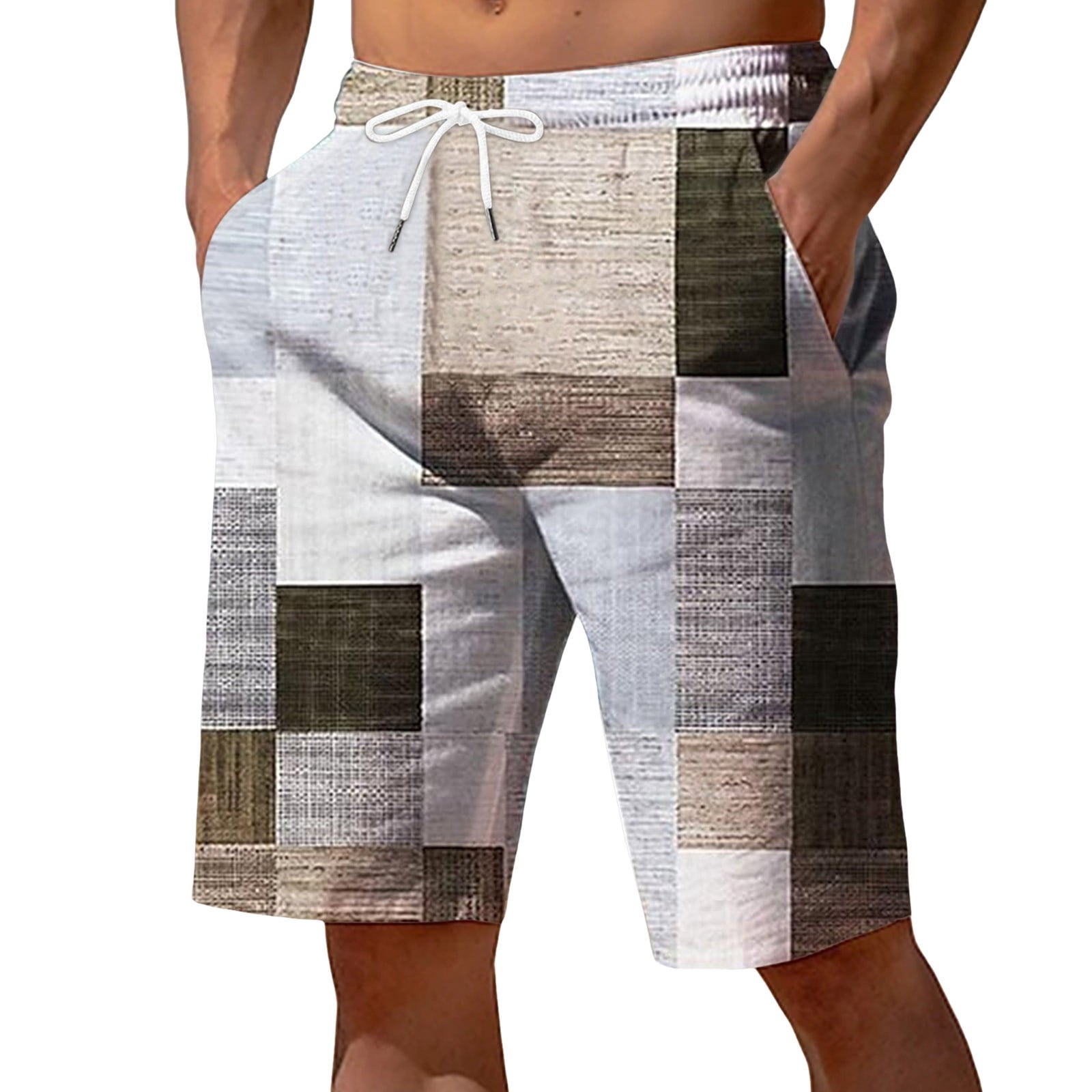BOOMNY Men's Shorts Casual Plaid Prints Elastic Waist Drawstring Beach ...
