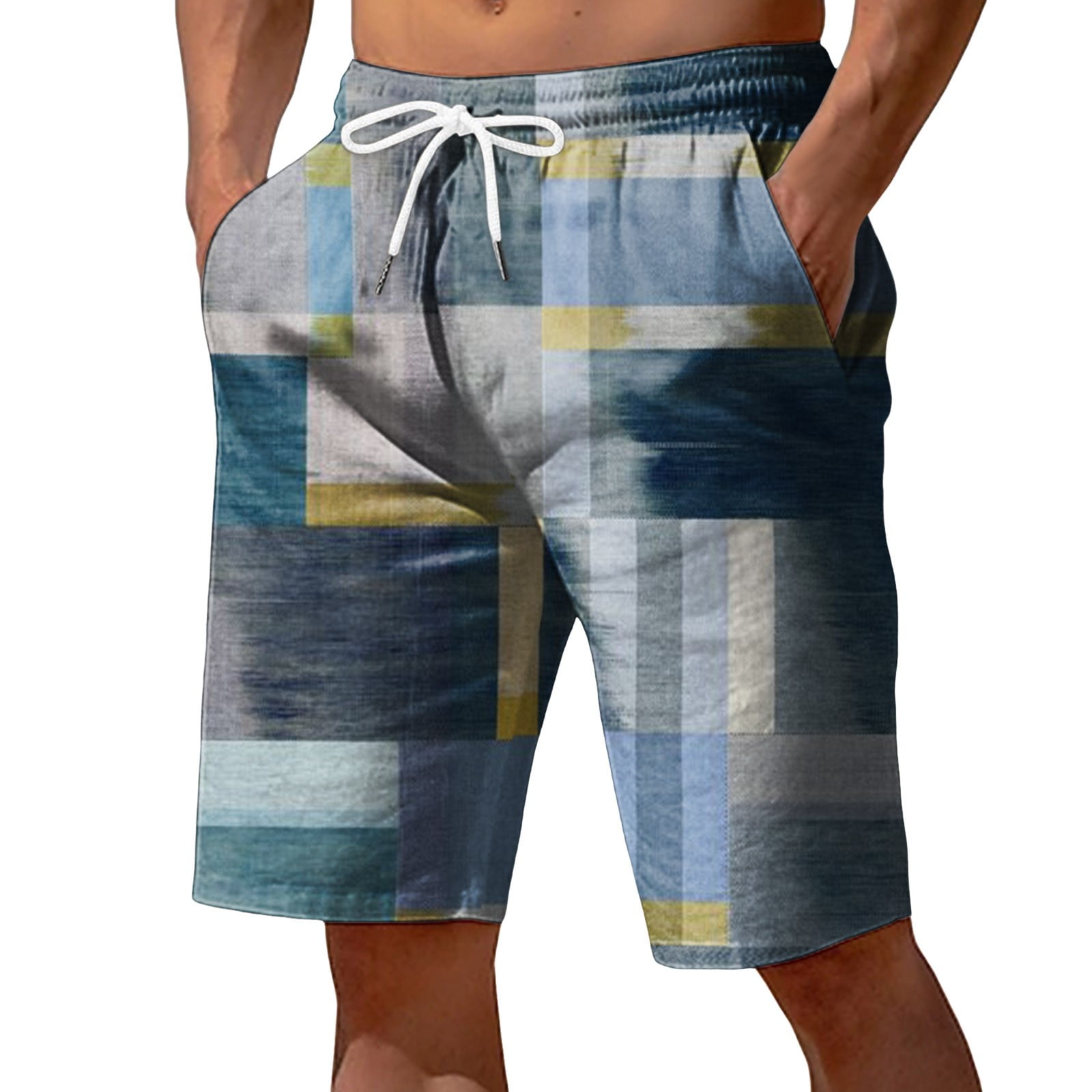 BOOMNY Men's Shorts Casual Plaid Prints Elastic Waist Drawstring Beach ...