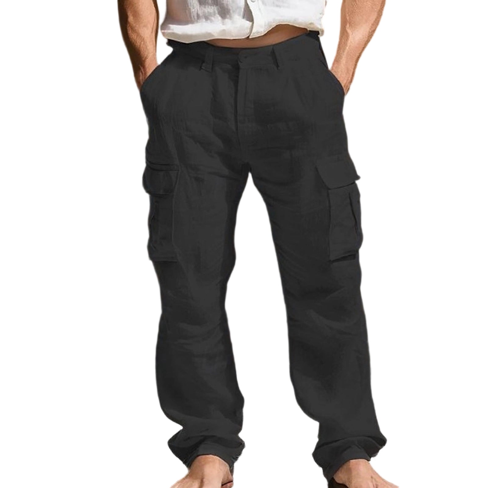 BOOMNY Mens Baggy Linen Pants Wide Leg Cargo Pants for Men Loose Fit ...