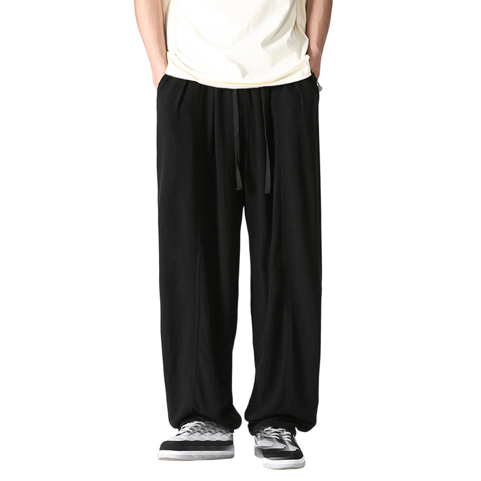 BOOMNY Mens Baggy Linen Pants Wide Leg Pants for Men Loose Fit Elastic ...