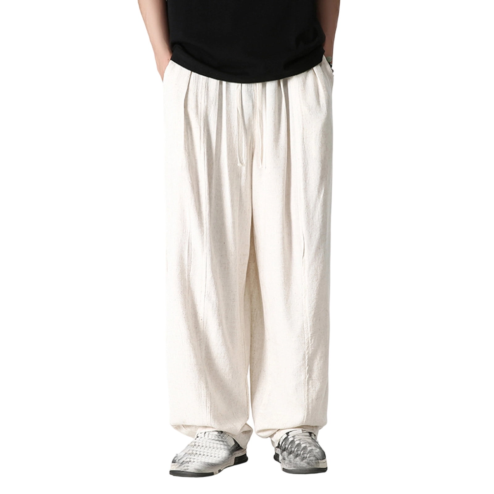 BOOMNY Mens Baggy Linen Pants Wide Leg Pants for Men Loose Fit Elastic ...