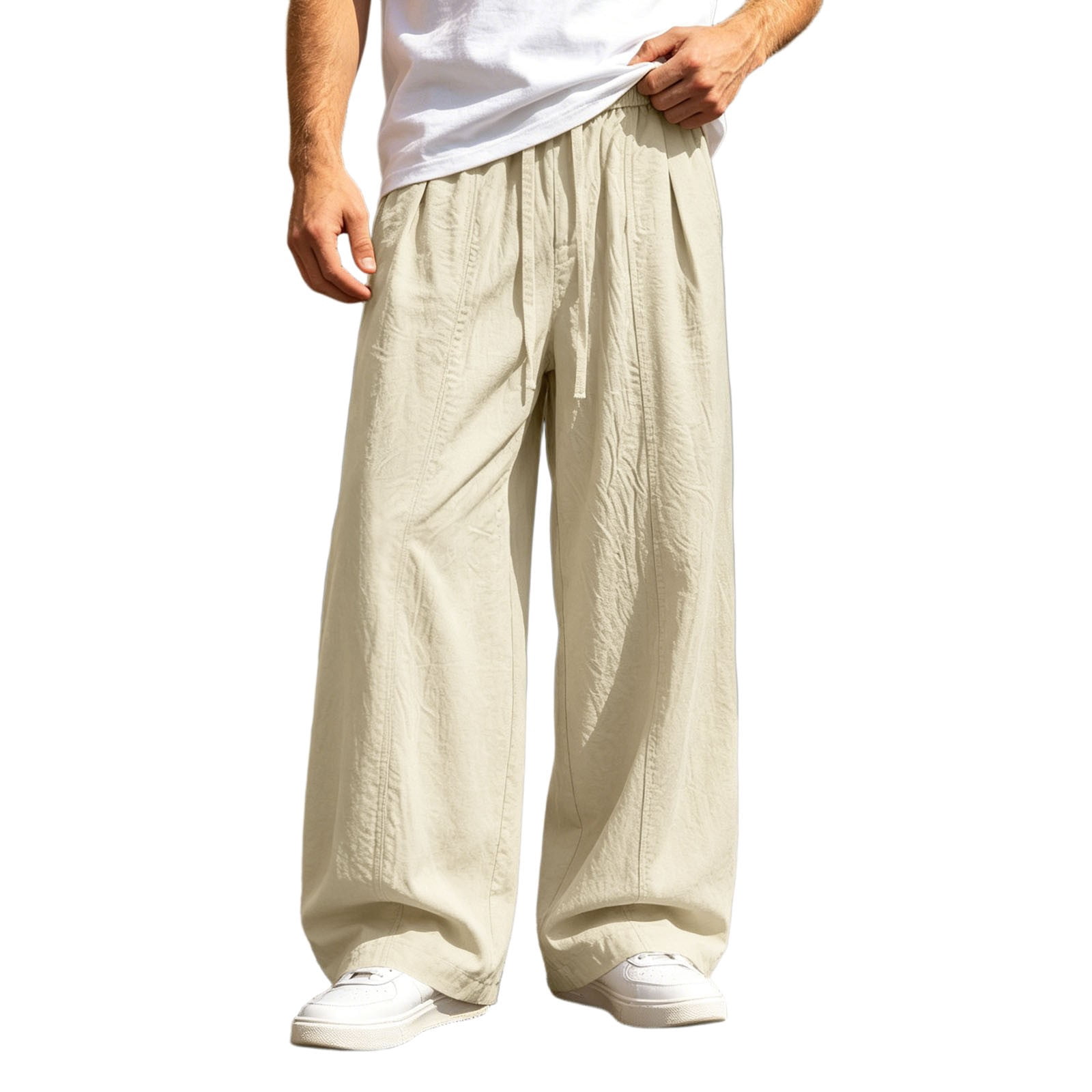 BOOMNY Mens Baggy Linen Pants Wide Leg Pants for Men Loose Fit Elastic ...