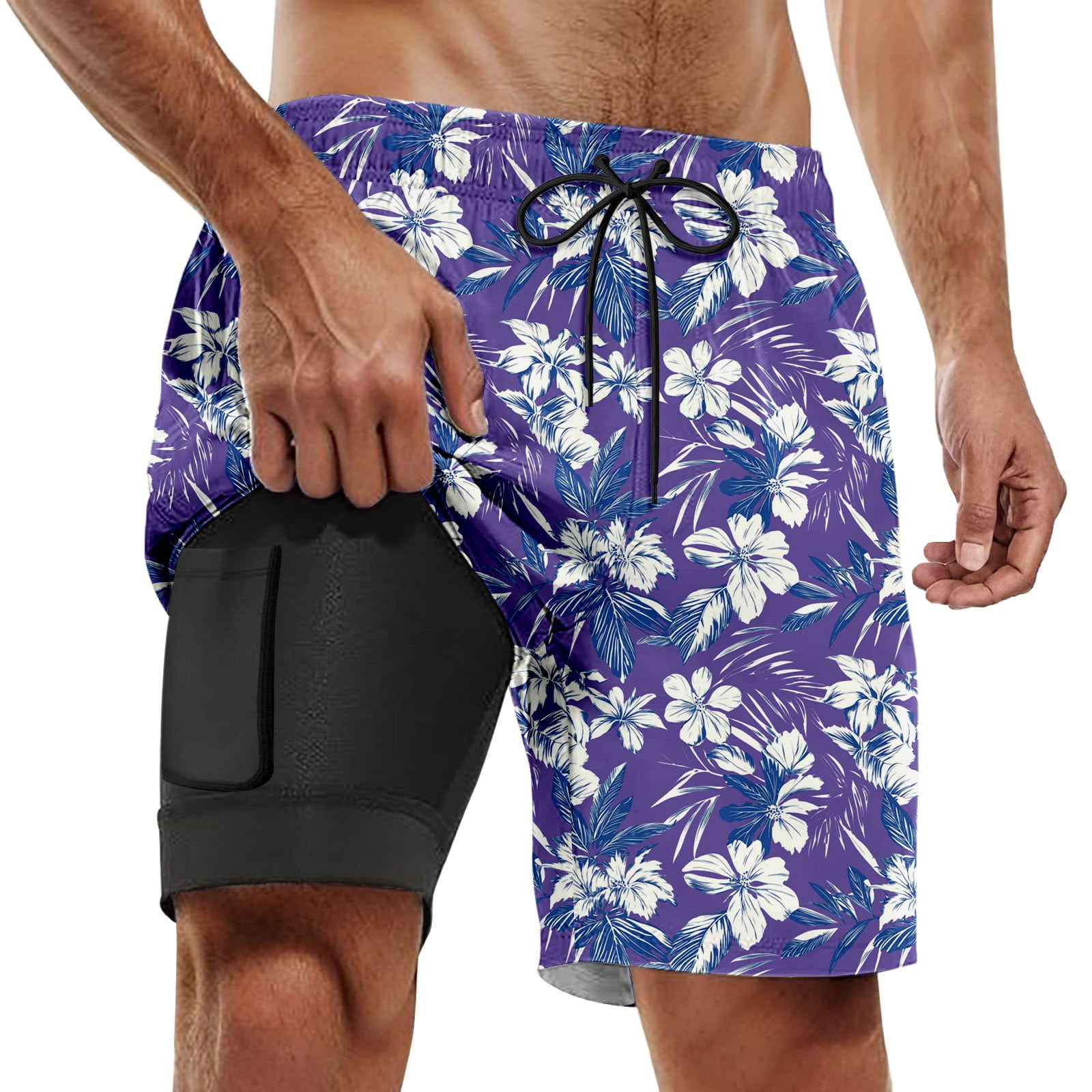 BOOMNY Mens Shorts Casual Hawaiian Coconut Tree Printed Elastic Waist ...