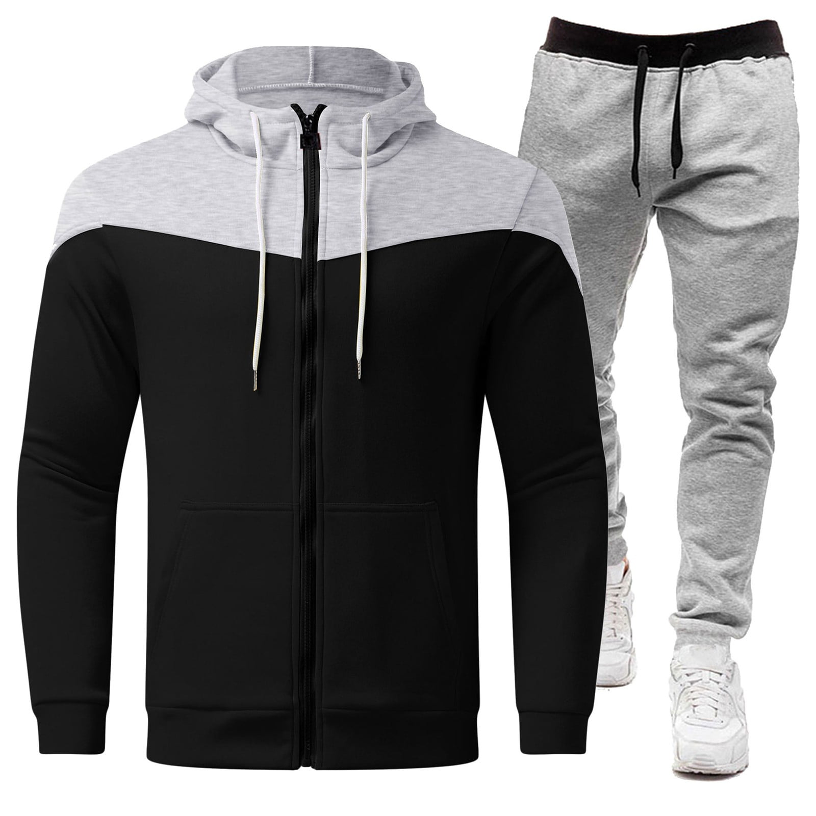 BOOMNY Mens Tracksuits Patchwork Color Zip Hoodies Sweatpants 2Pcs Gym ...