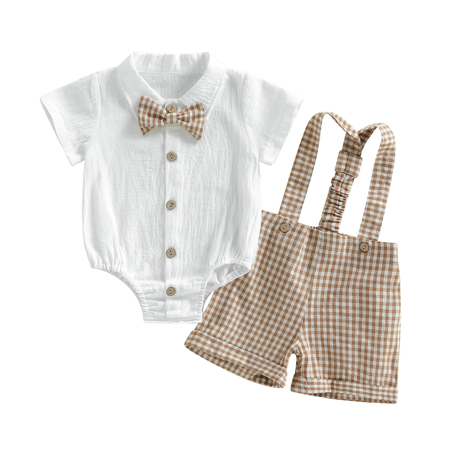 BOOMNY Toddler Boys Cotton Linen Outfits Plaid Short Sleeve Bodysuit ...