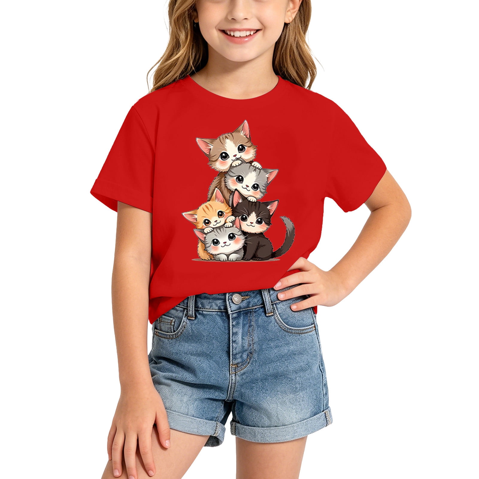 BOOMNY Toddler Girls Short Sleeve T-Shirts Crew Neck Cartoon Cat ...