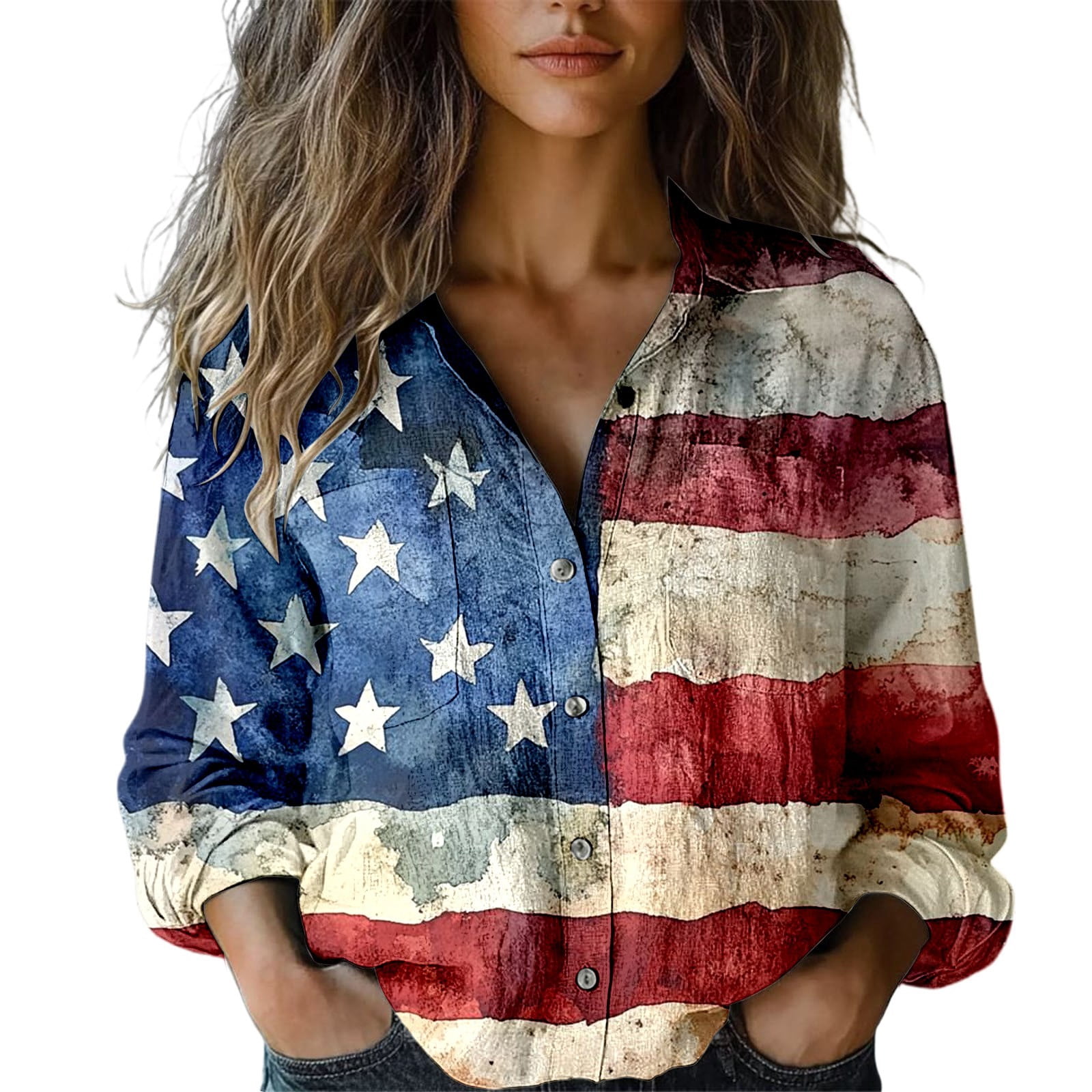 BOOMNY Women's 4th of July Shirts Long Sleeve Lapel Patriotic America ...