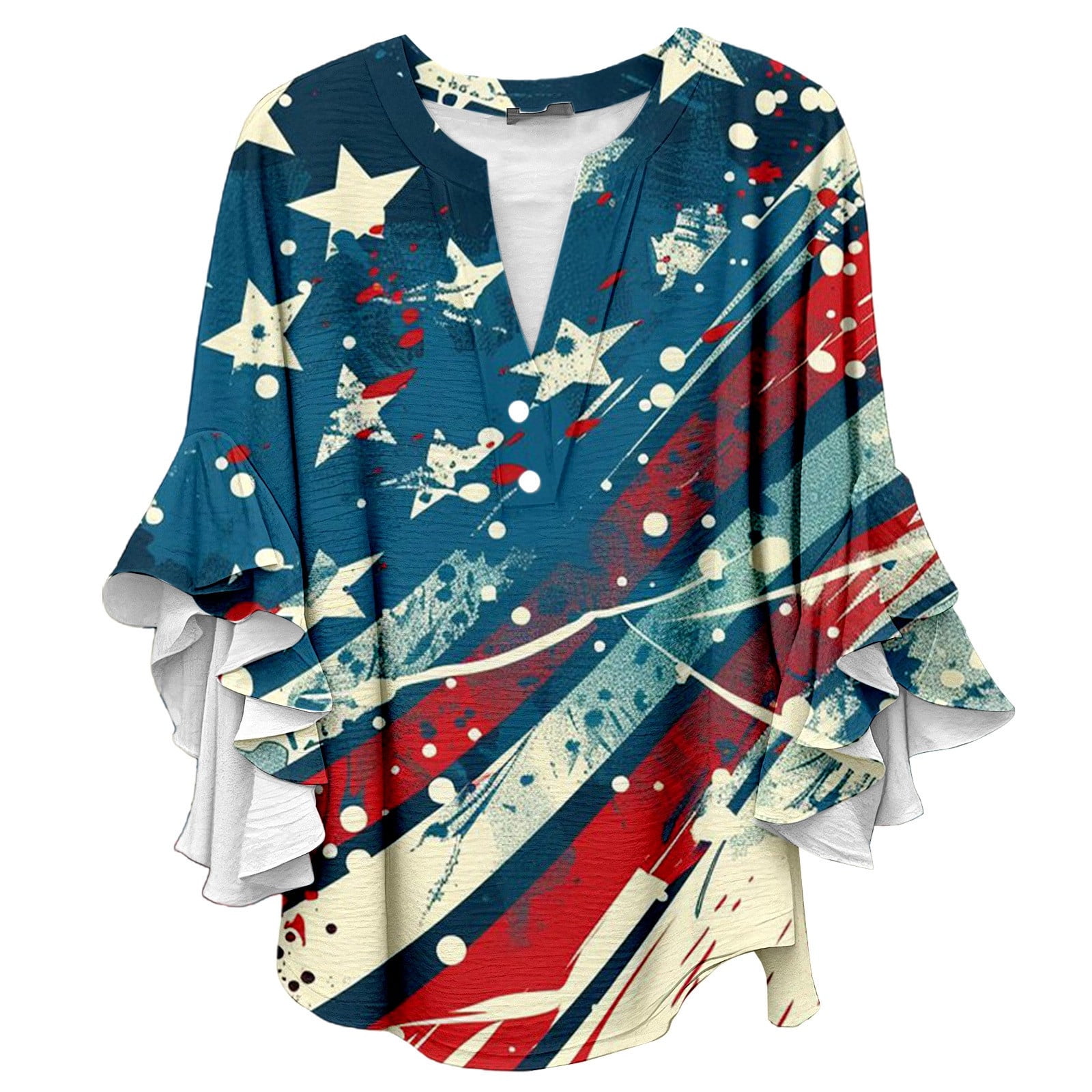 BOOMNY Women's Independence Day Shirts Ruffled Sleeve V Neck Patriotic ...