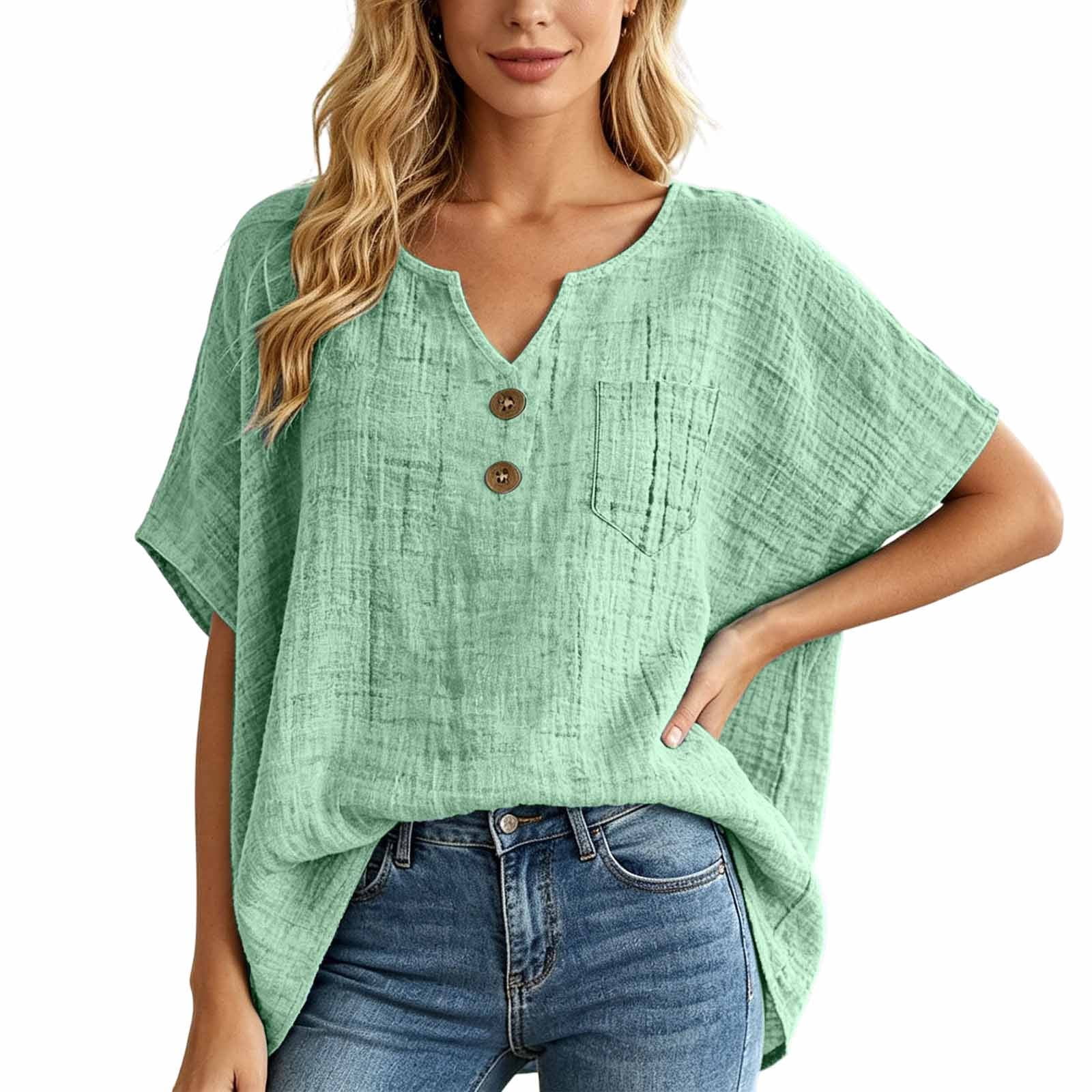 BOOMNY Women's Short Sleeve Cotton Linen T-Shirts V Neck Solid Color ...