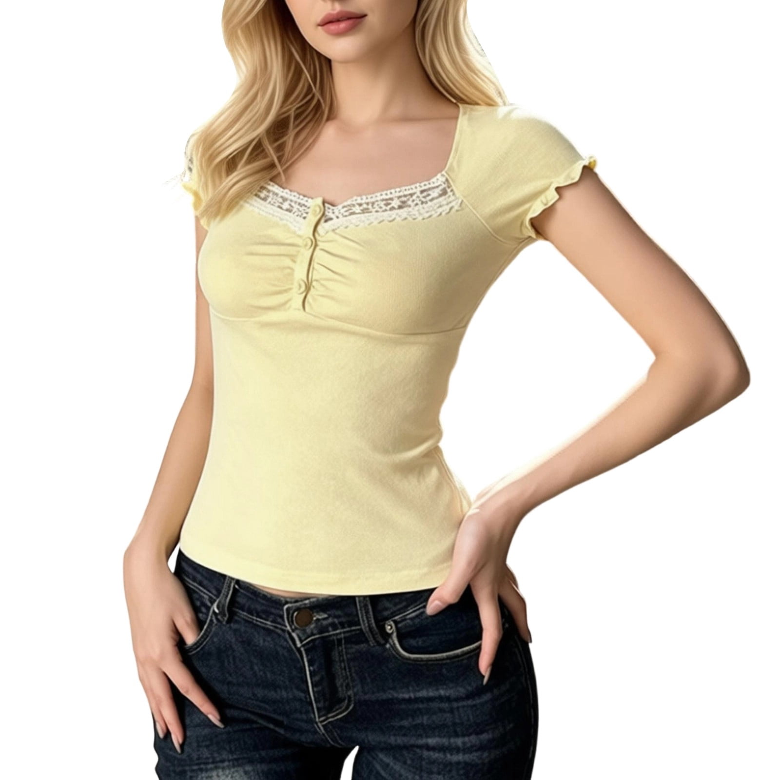 BOOMNY Women's Short Sleeve Slim Knit Tshirts Square Collar Solid Y2K ...