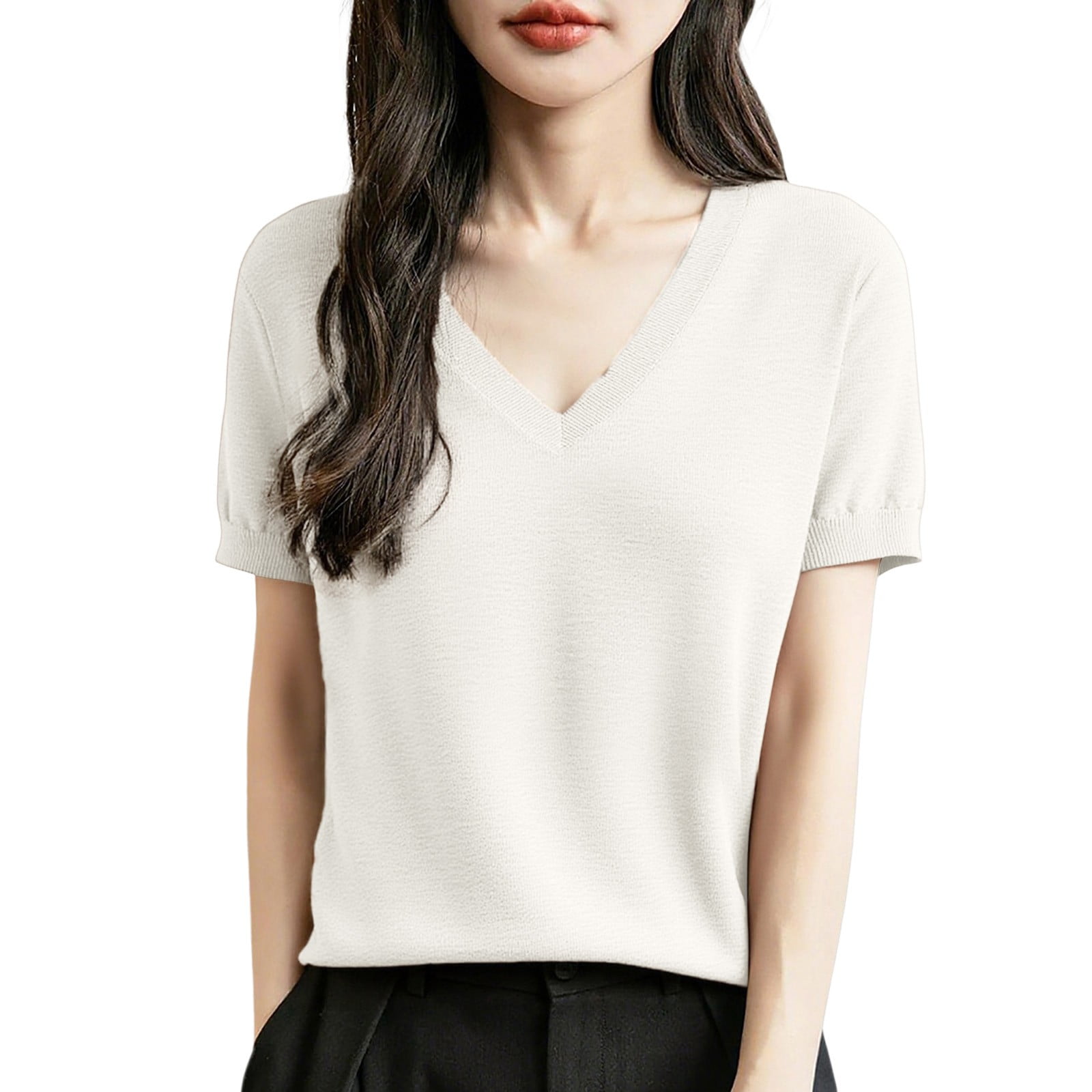 BOOMNY Women's Sweaters Short Sleeve Basic Sweaters for Women Solid ...