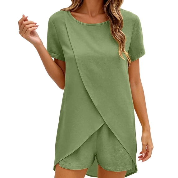 BOOMNY Womens 2 Peice Linen Sets Solid Short Sleeve Irregular Tops ...
