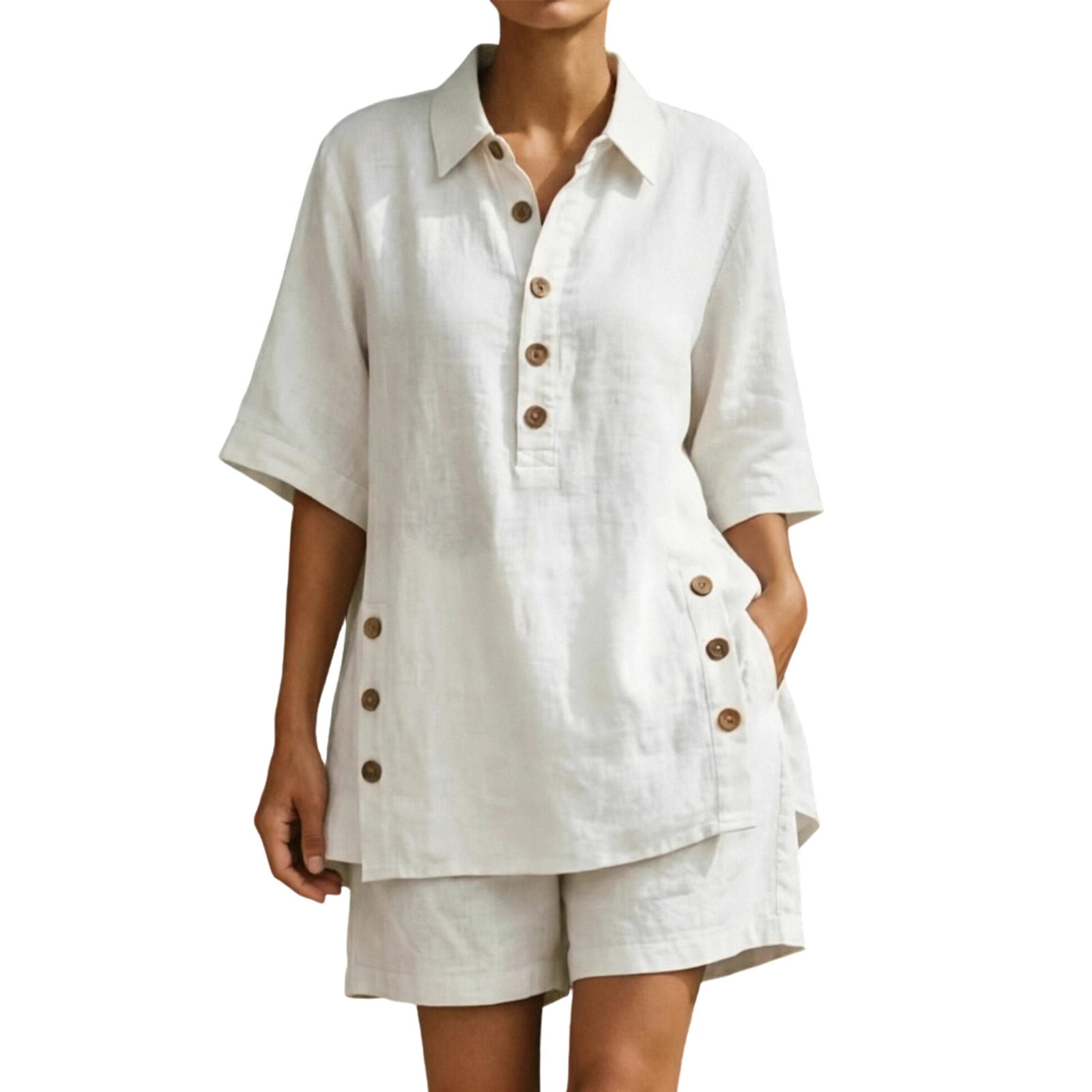 BOOMNY Womens 2 Peice Linen Shorts Sets Solid Short Sleeve Buttons Tops ...