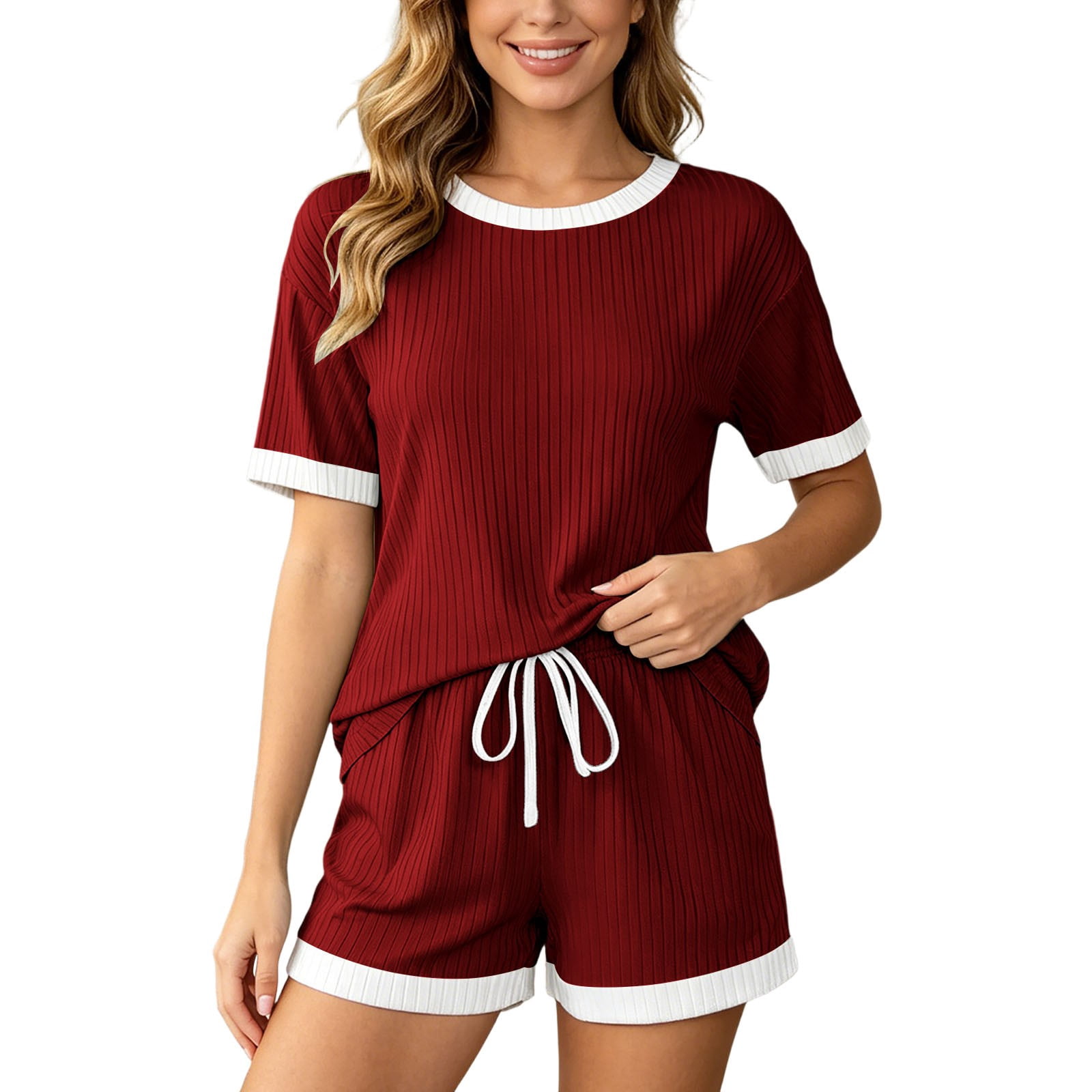 BOOMNY Womens 2 Peice Pajamas Set Patchwork Color Short Sleeve Ribbed ...